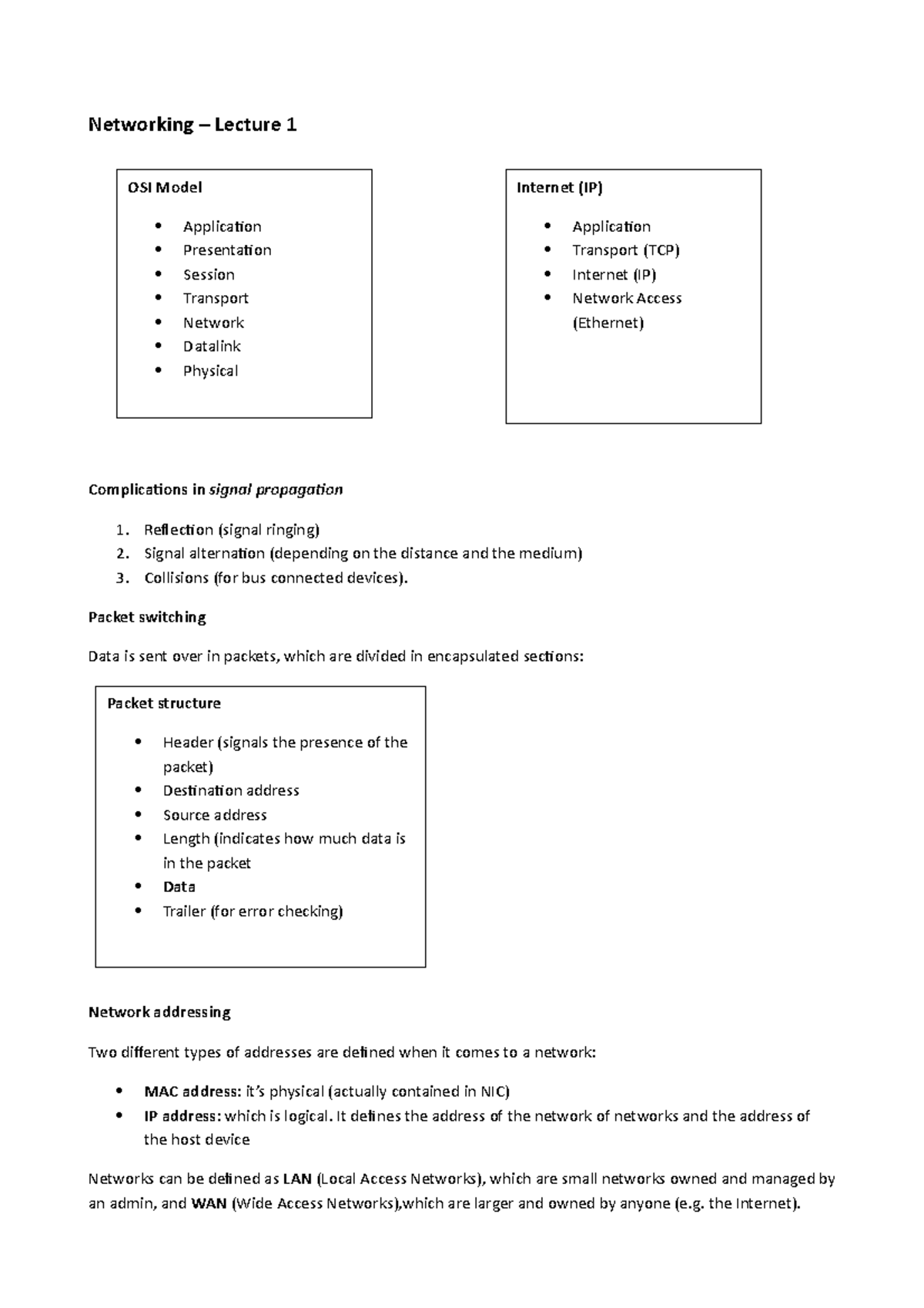 Networking 1 - Lecture notes 1 - Networking – Lecture 1 OSI Model ...