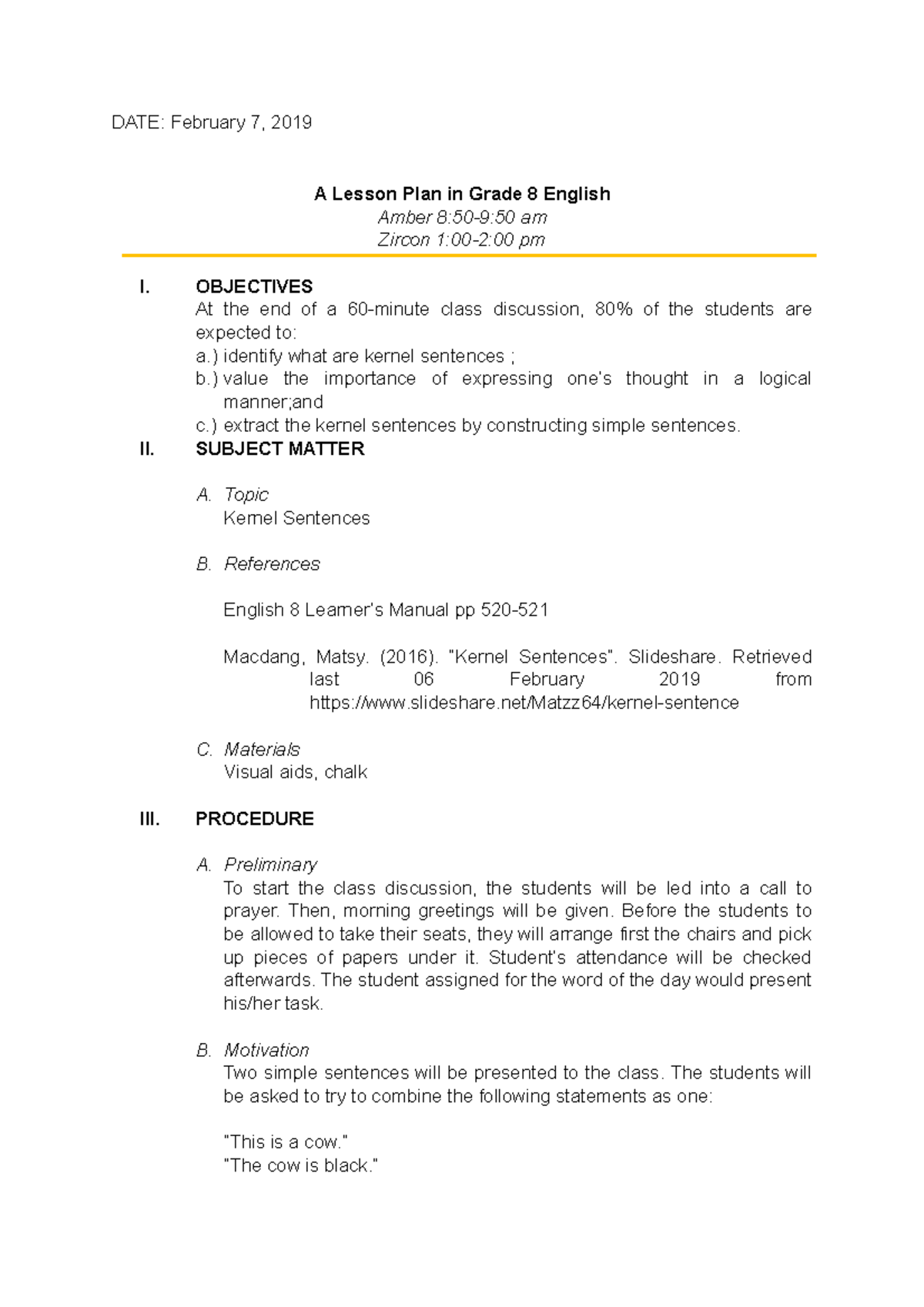 02-07-2019 Kernel Sentences - DATE: February 7, 2019 A Lesson Plan in ...