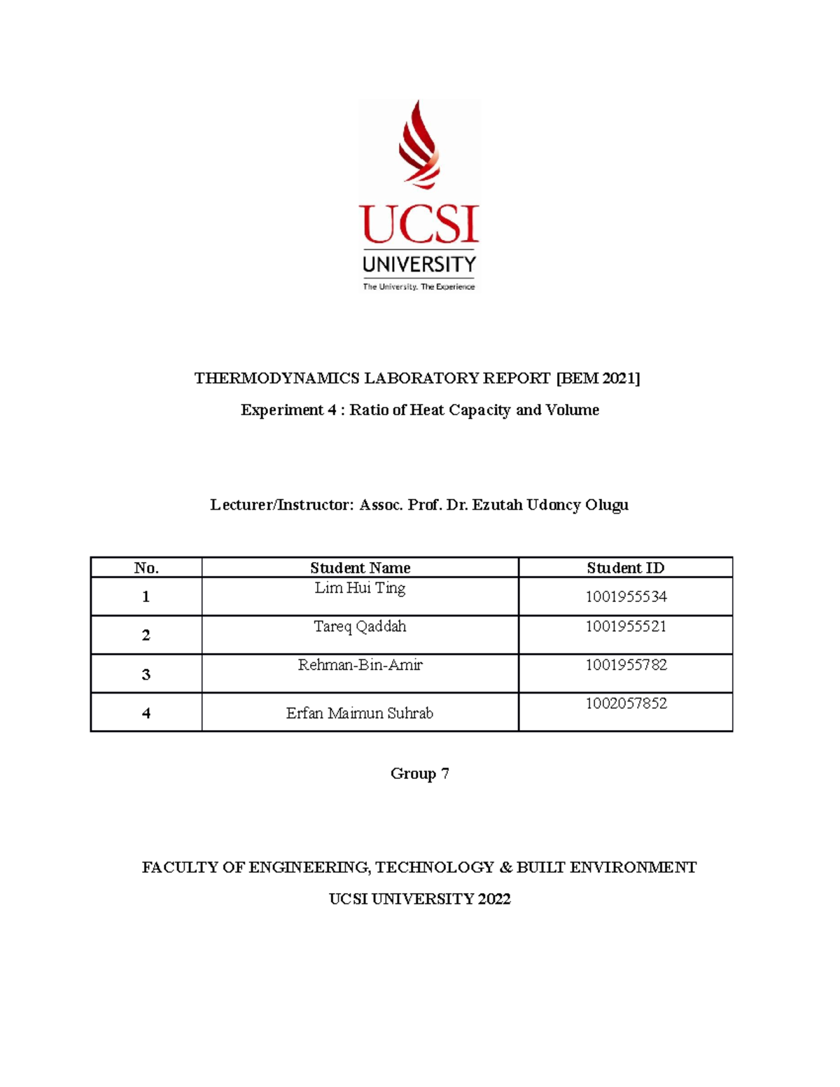 Group 7 Ratio of Heat Capacity and Volume - Thermodynamics - Studocu