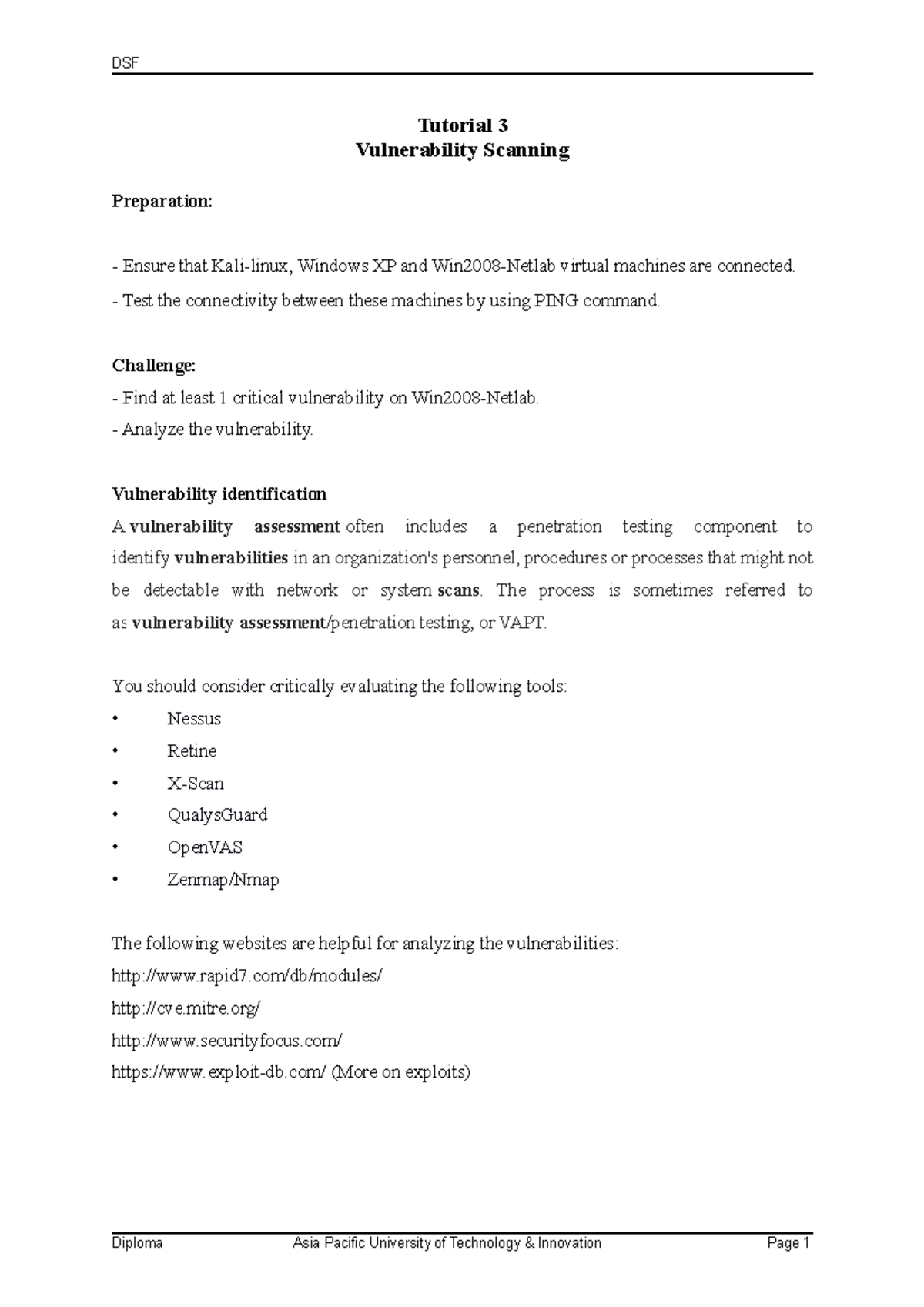 Tutorial 2 - Vulnerability Scanning - Tutorial 3 Vulnerability Scanning ...