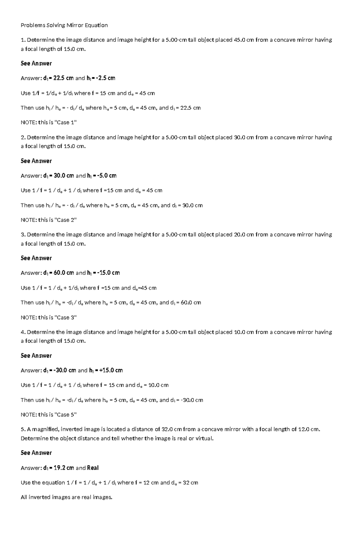 Problems Solving Mirror Equation with answer - Problems Solving Mirror ...