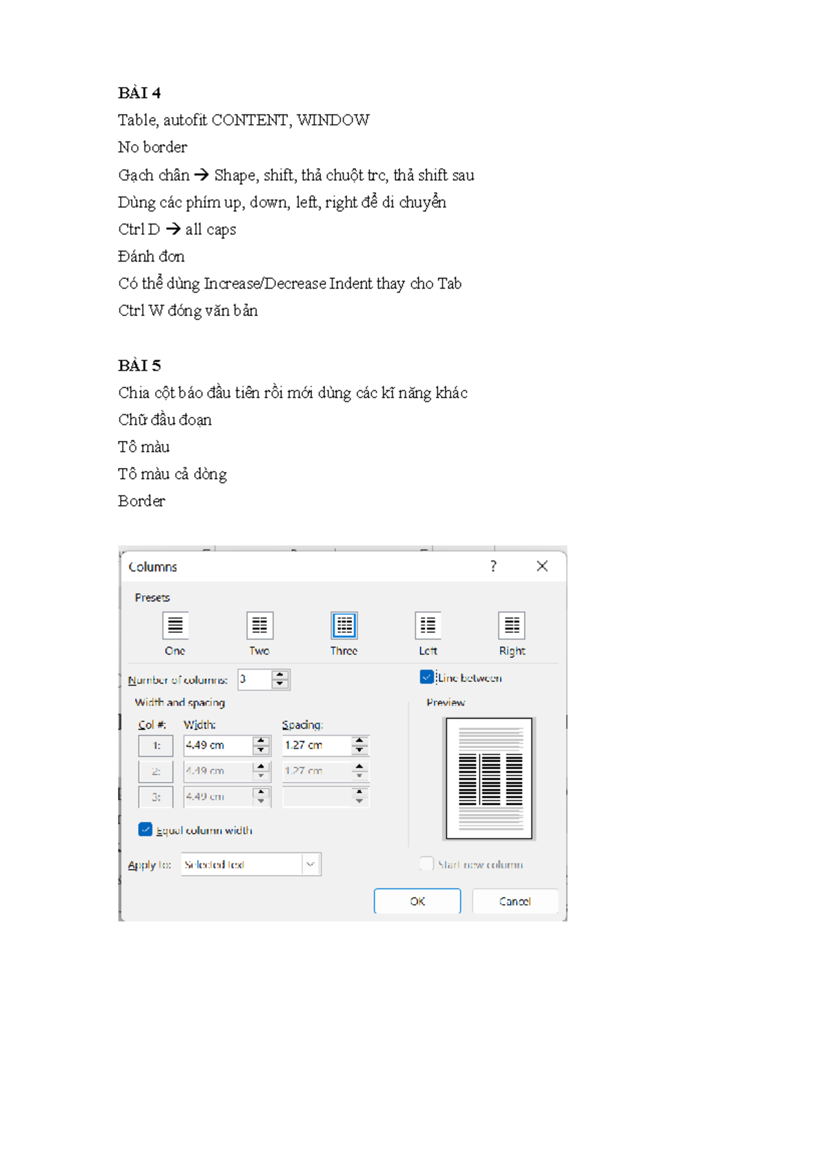 BÀI 4 - chữa bài 4 - BÀI 4 Table, autofit CONTENT, WINDOW No border Gạch chân Shape, shift, thả ...