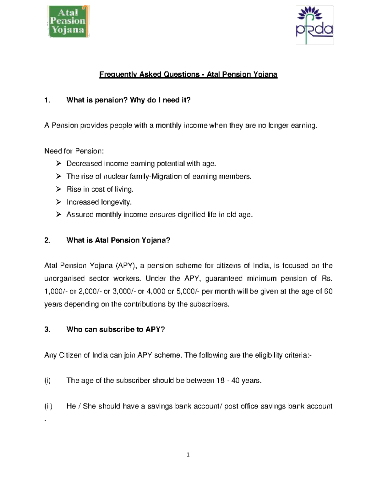 APY FAQ - Thanks - Frequently Asked Questions - Atal Pension Yojana 1 ...