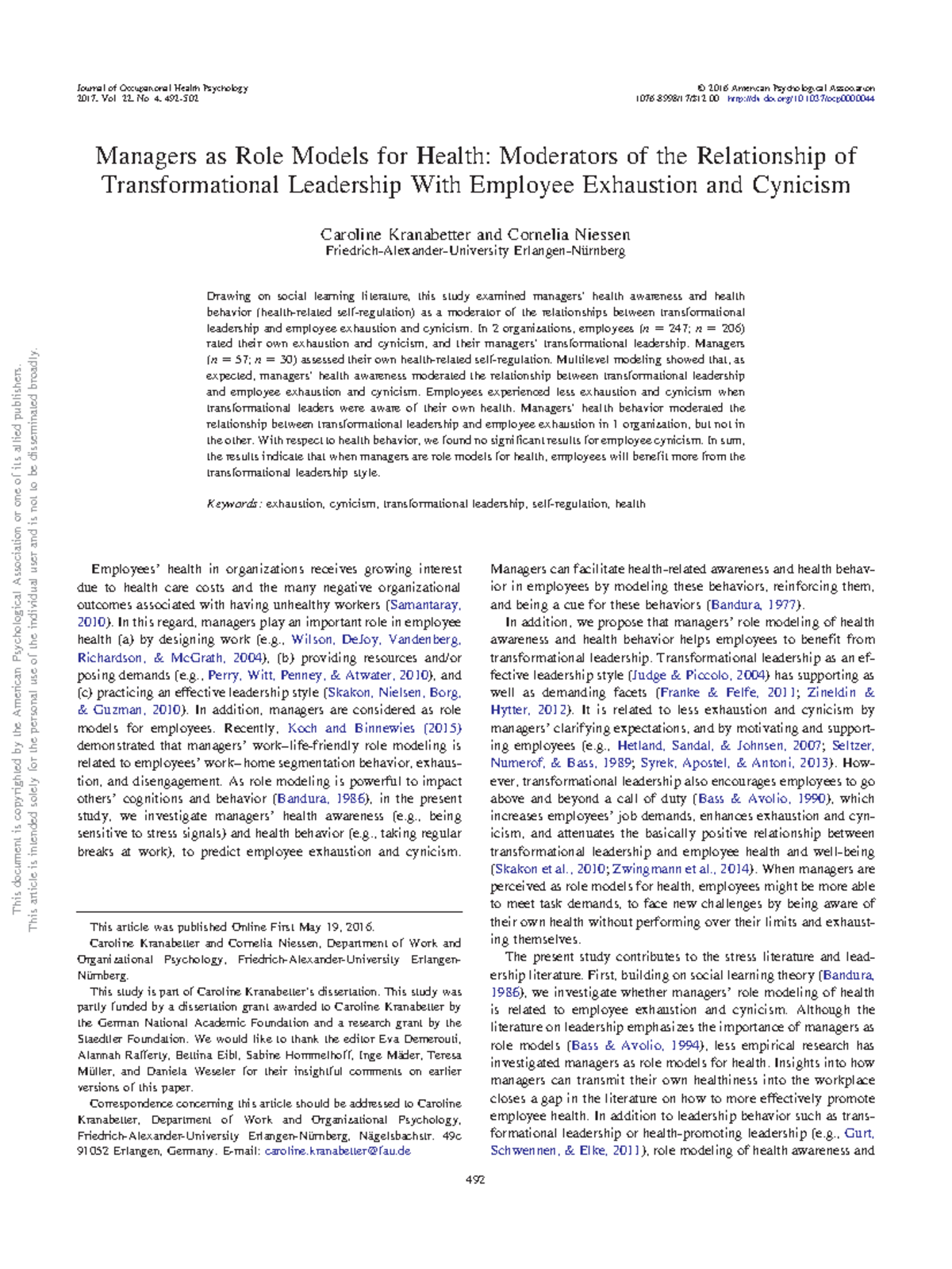 Managers as role models for healthmanagers and leadersunhealthy work ...