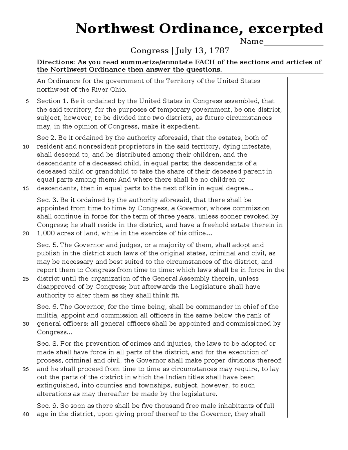 Northwest Ordinance - Document Analysis Practice - Northwest Ordinance ...