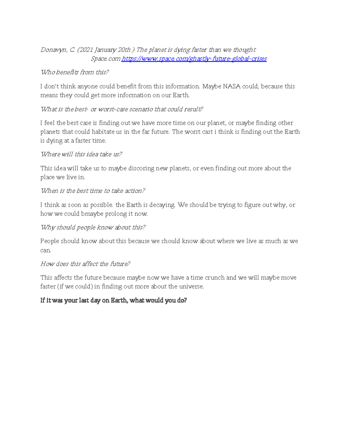 Current Event April - Outline - Donavyn, C. (2021 January 20th ) The ...