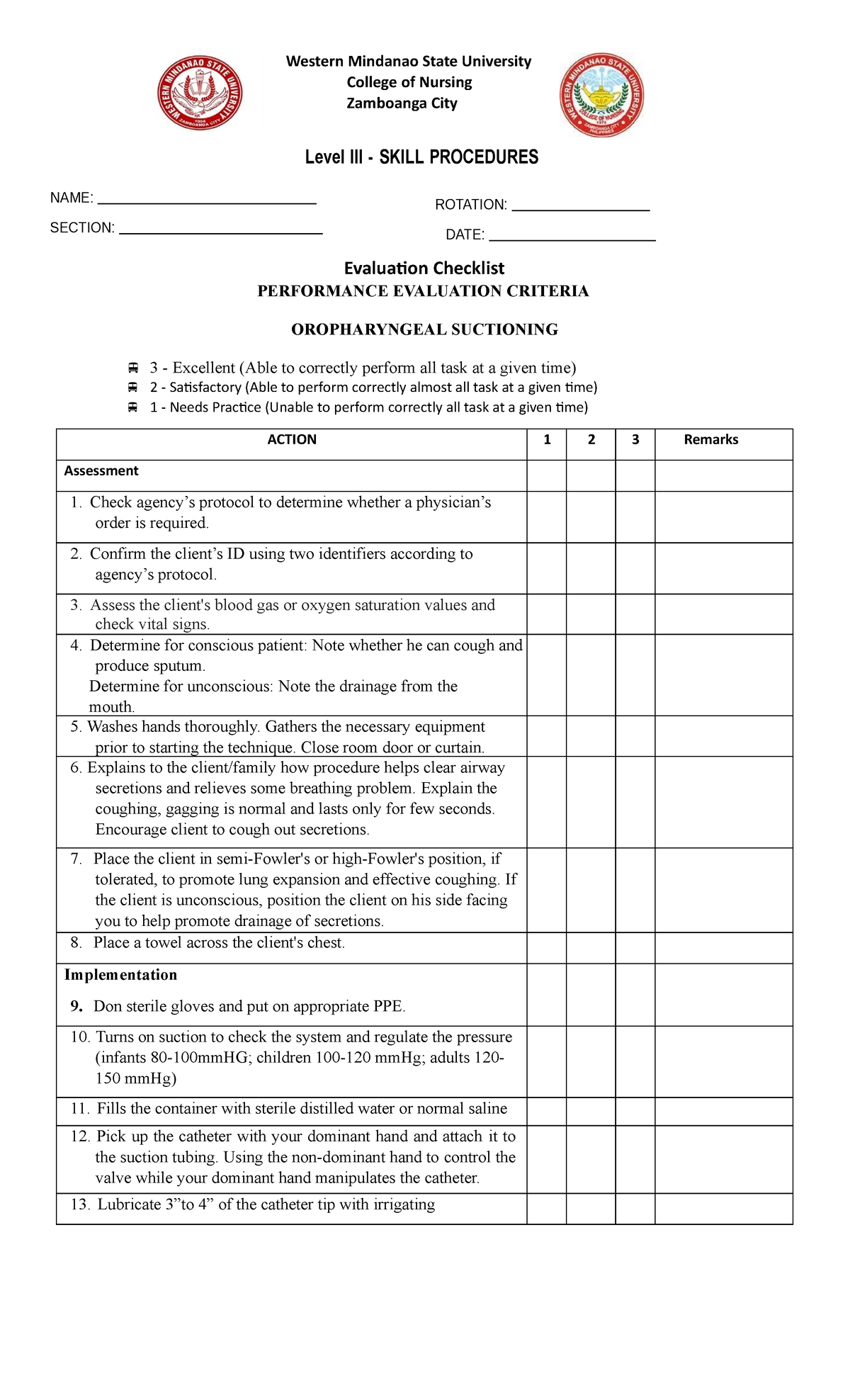 Oro Nasopharyngeal Suctioning Checklist - Western Mindanao State ...