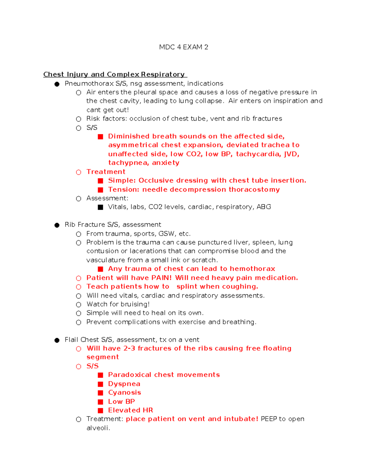 MDC 4 EXAM 2 study guide - MDC 4 EXAM 2 Chest Injury and Complex ...