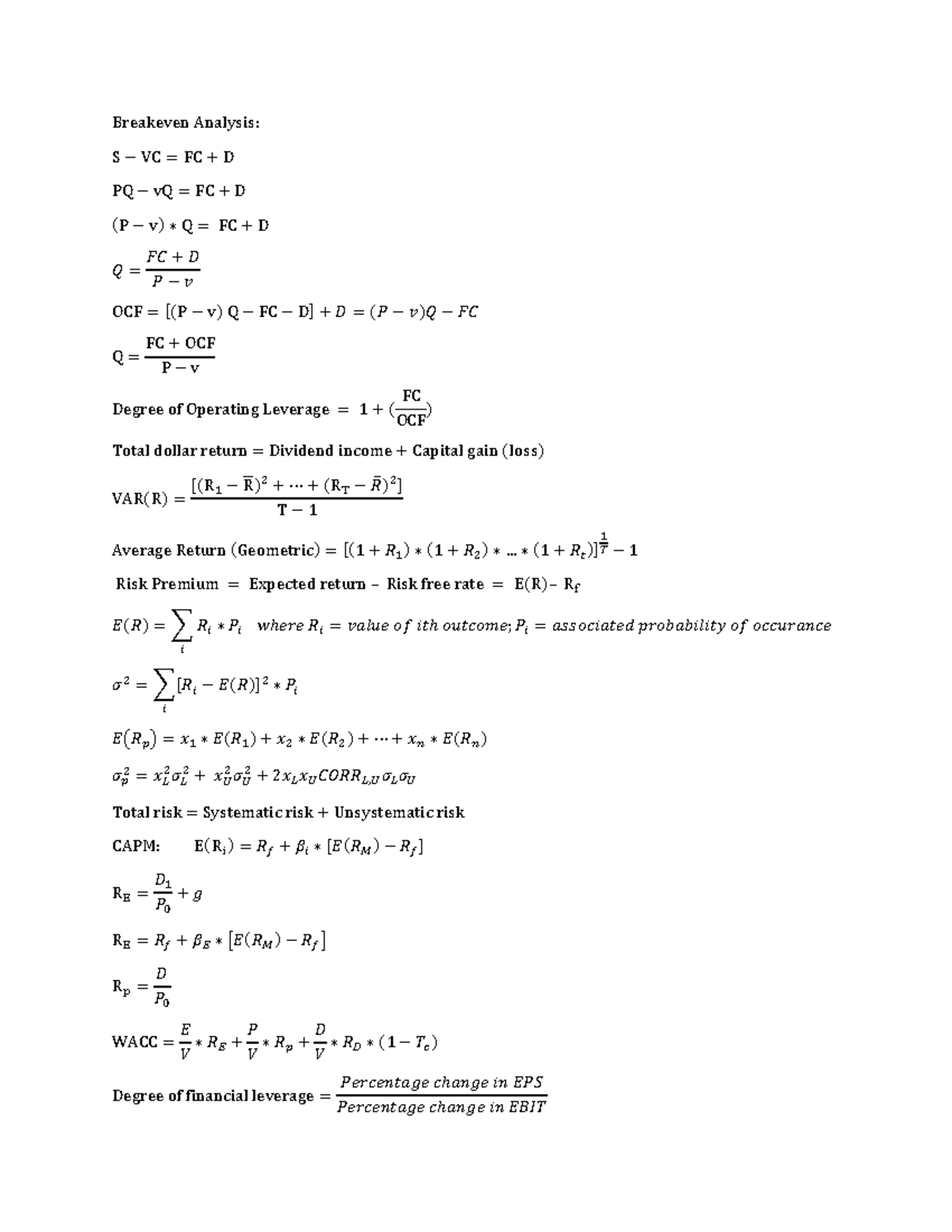 2017 Formula Sheet Ross Final - Breakeven Analysis: S − VC = FC + D PQ ...
