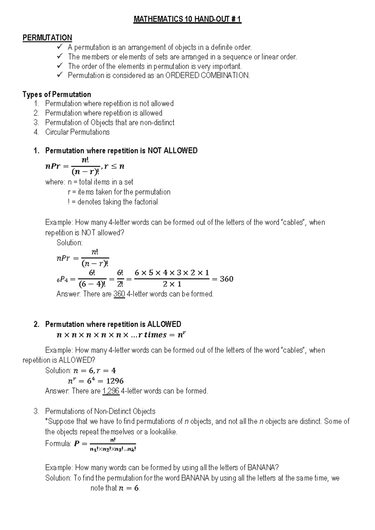 Mathematics-10- Handout - MATHEMATICS 10 HAND-OUT # 1 PERMUTATION A ...