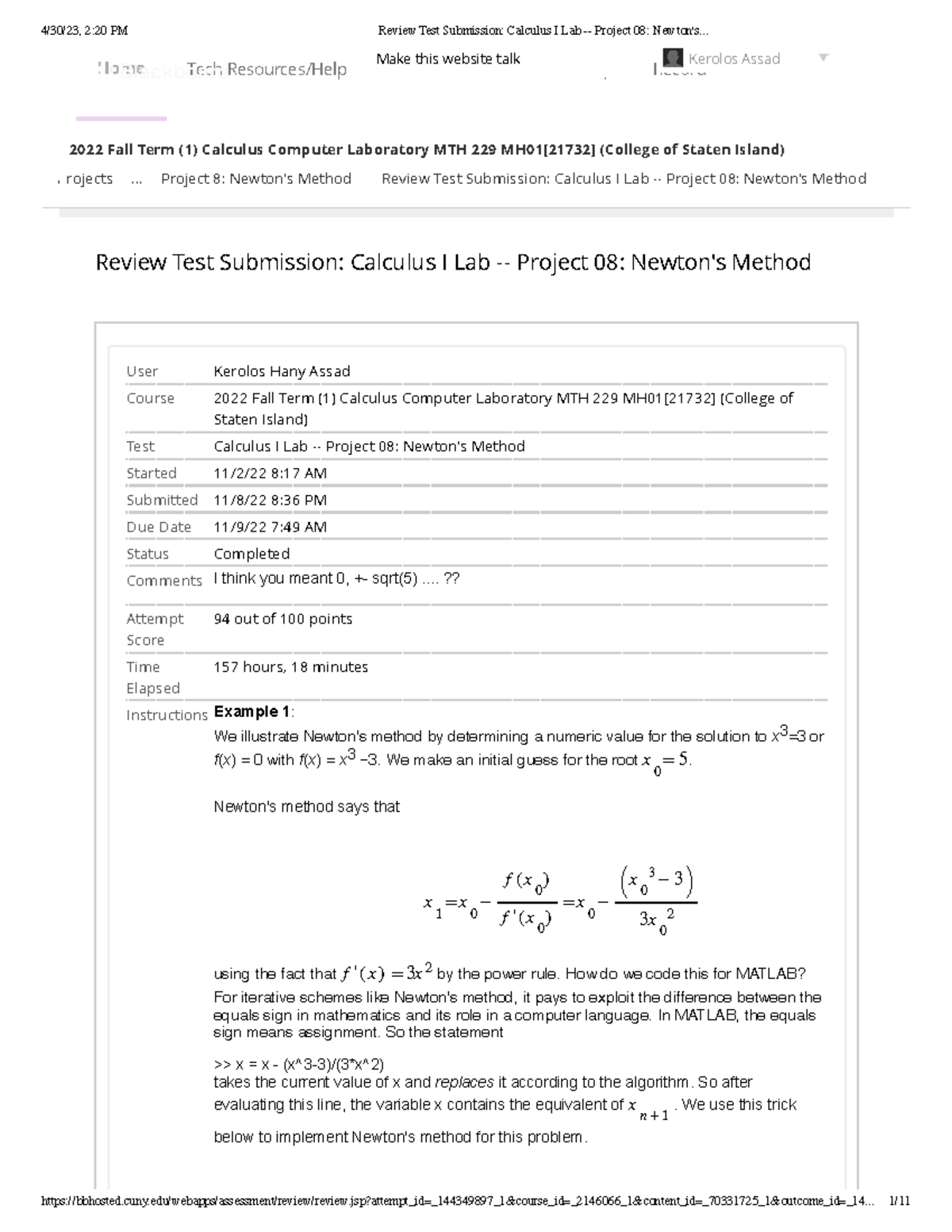 Review Test Submission Calculus I Lab - Project 08 Newton's ...