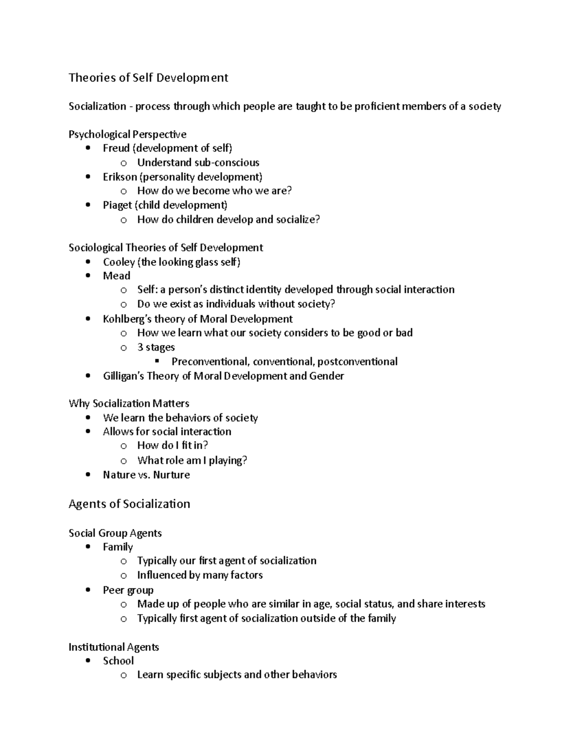 SOC110 Ch5 - Theories of Self Development Socialization - process ...