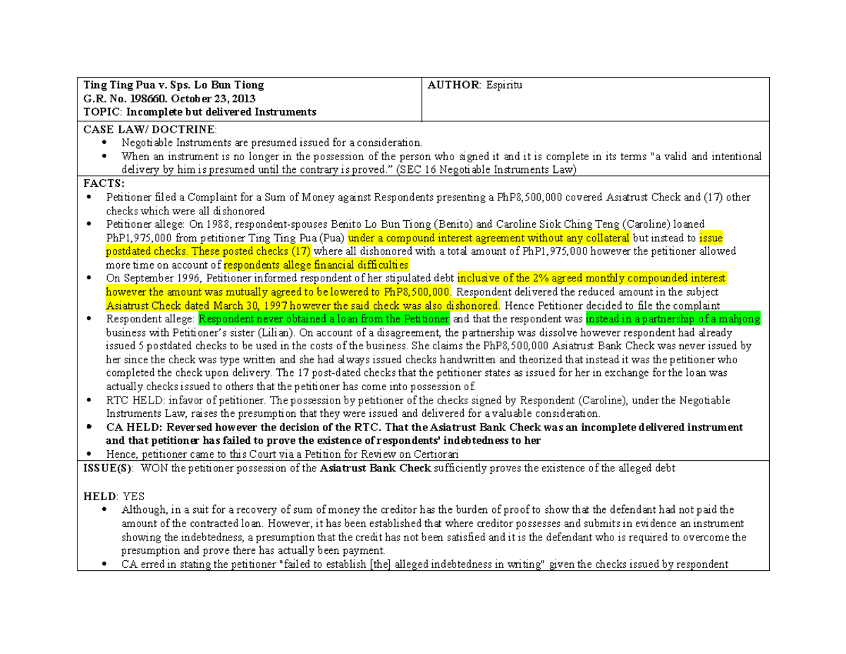 361481733 13 Ting Ting Pua v Sps Lo Bun Tiong - Ting Ting Pua v. Sps ...