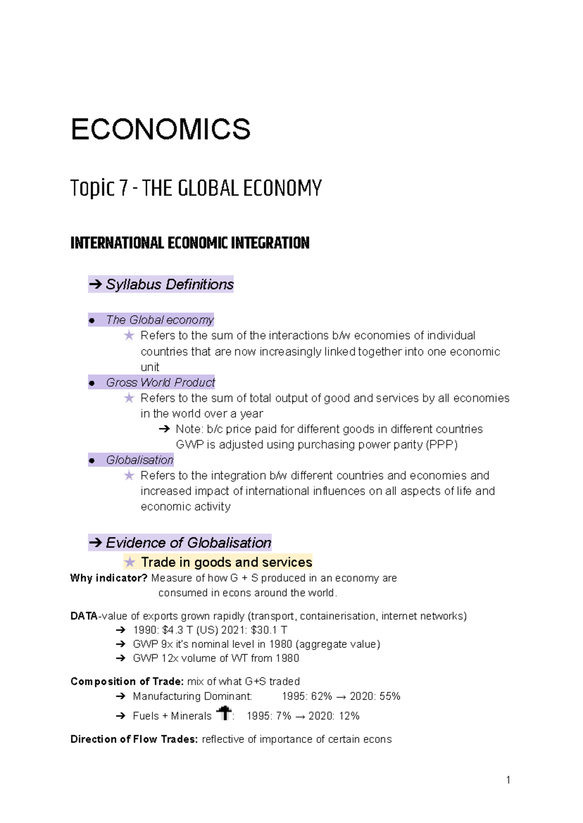 Economic Summary Notes - Year 12 - ECONOMICS Topic 7 - THE GLOBAL ...