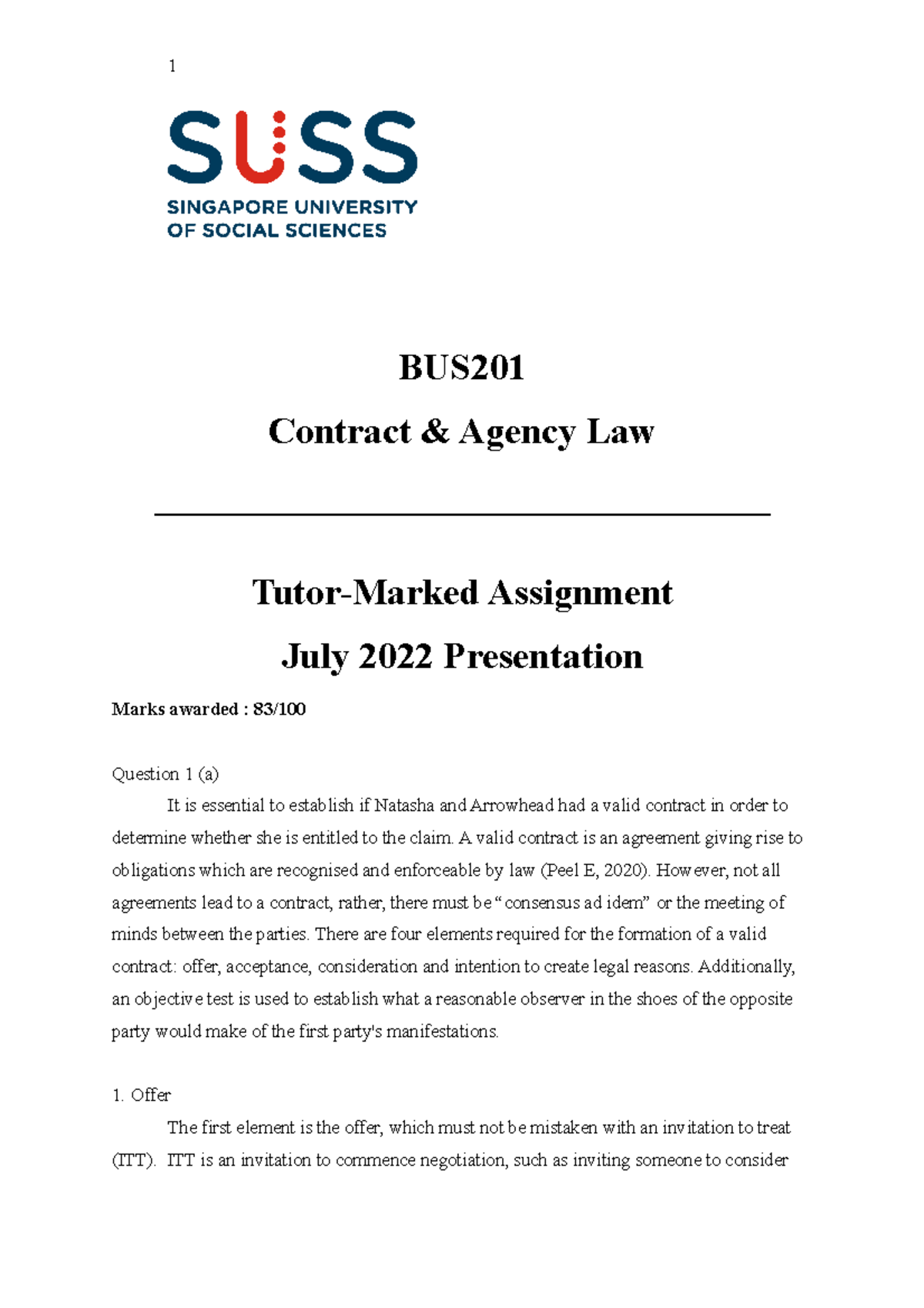 BUS201 TMA01 (marked) July2022 - BUS Contract & Agency Law
