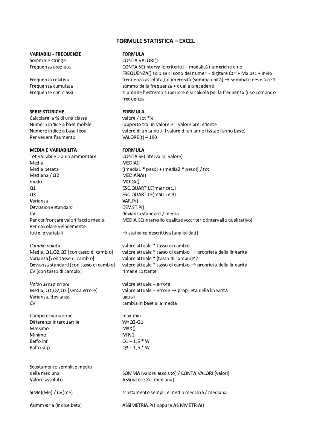 Formule Statistica – Excel - FORMULE STATISTICA – EXCEL VARIABILI ...
