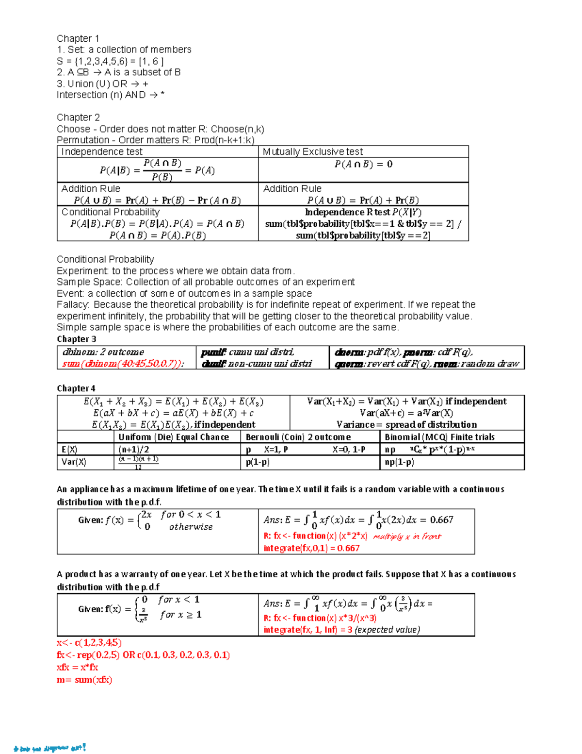 Statistics Cheatsheet edited - Chapter 1 Set: a collection of members S = {1,2,3,4,5,6} = [1, 6 ...