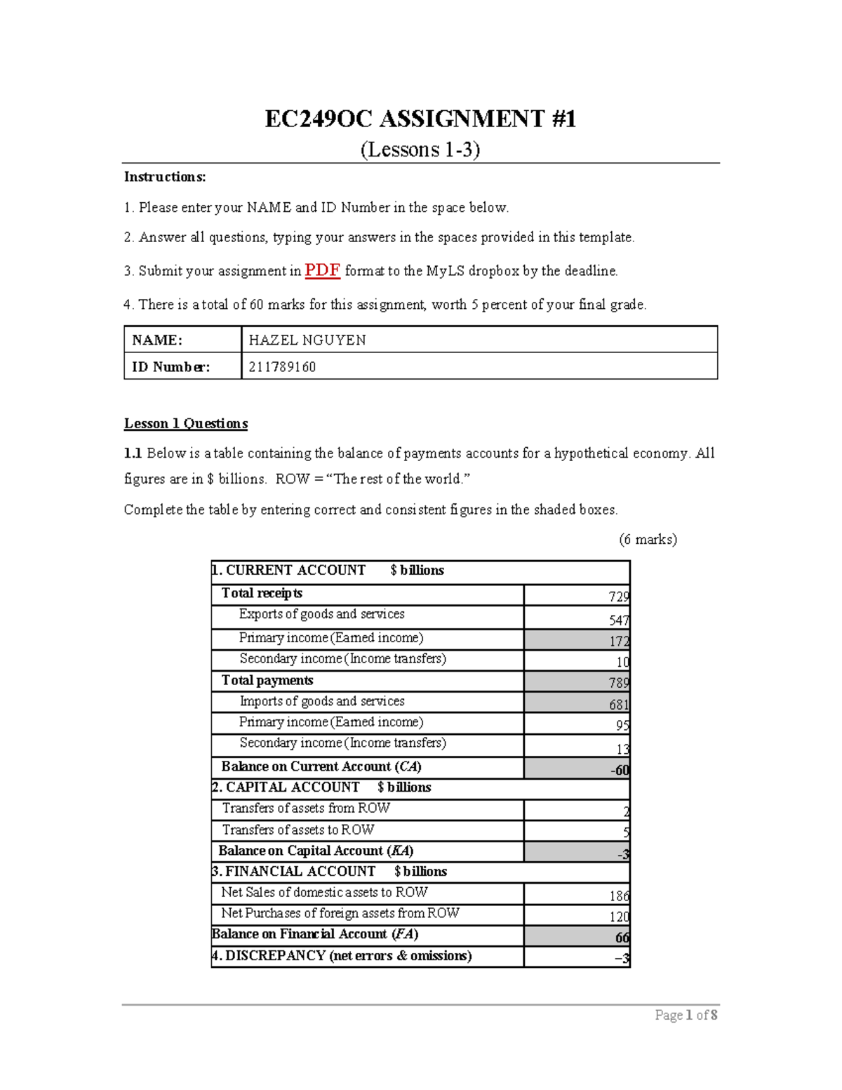 Assignment 1 - EC249OC ASSIGNMENT (Lessons 1-3) Instructions: Please ...