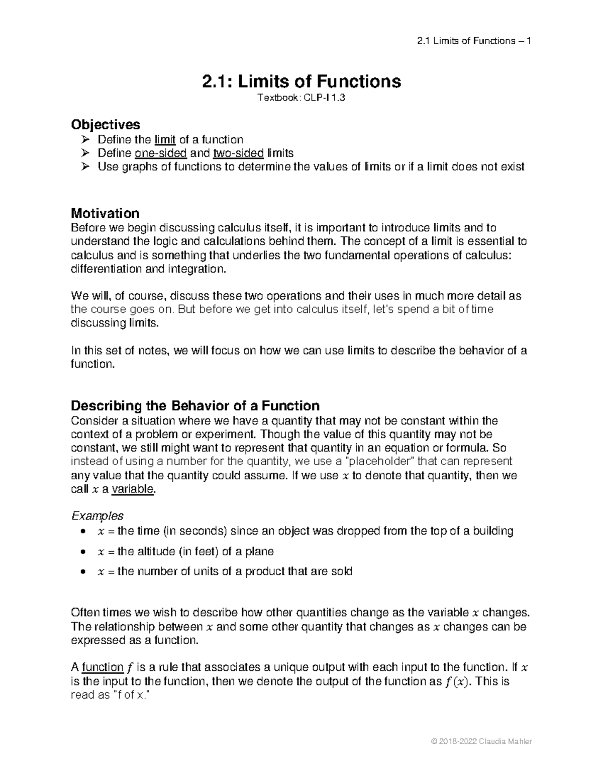 2.1 Limits of Functions 1 - 2: Limits of Functions Textbook: CLP-I 1 ...