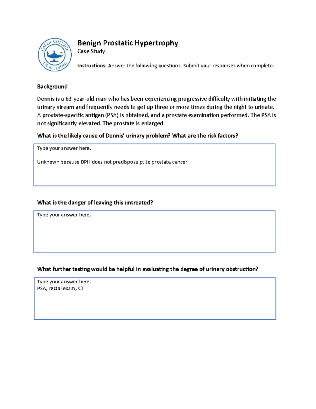 BPH Case Study - Benign Prostatic Hypertrophy Case Study Instructions ...