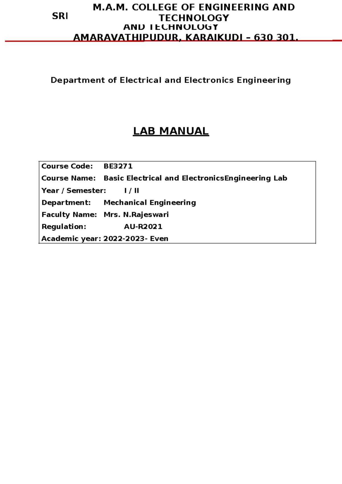 BE3271-LAB Manual-MECH - Copy - SRI RAAJA RAAJAN COLLEGE OF ENGINEERING AND TECHNOLOGY - Studocu