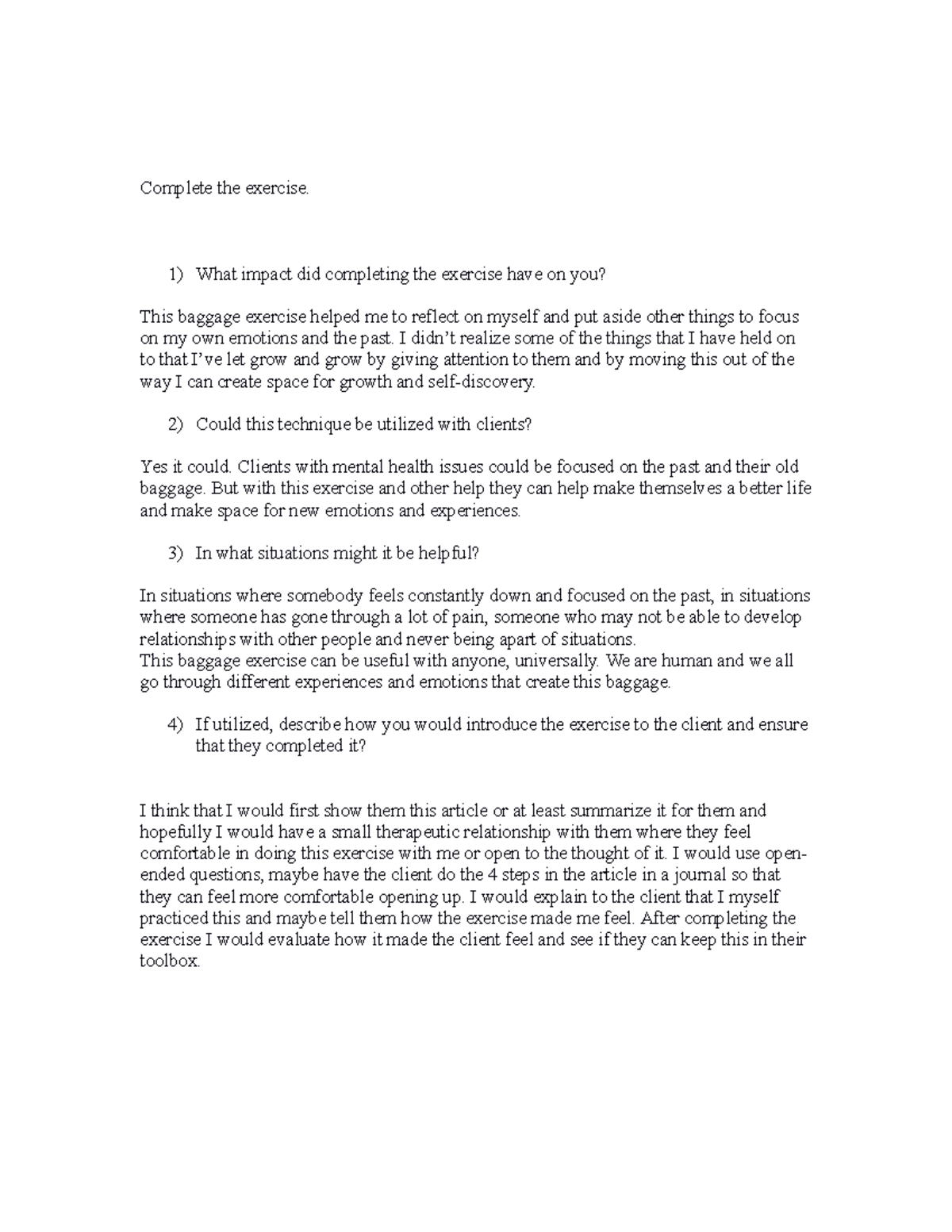 Baggage Assignment - Complete the exercise. What impact did completing ...