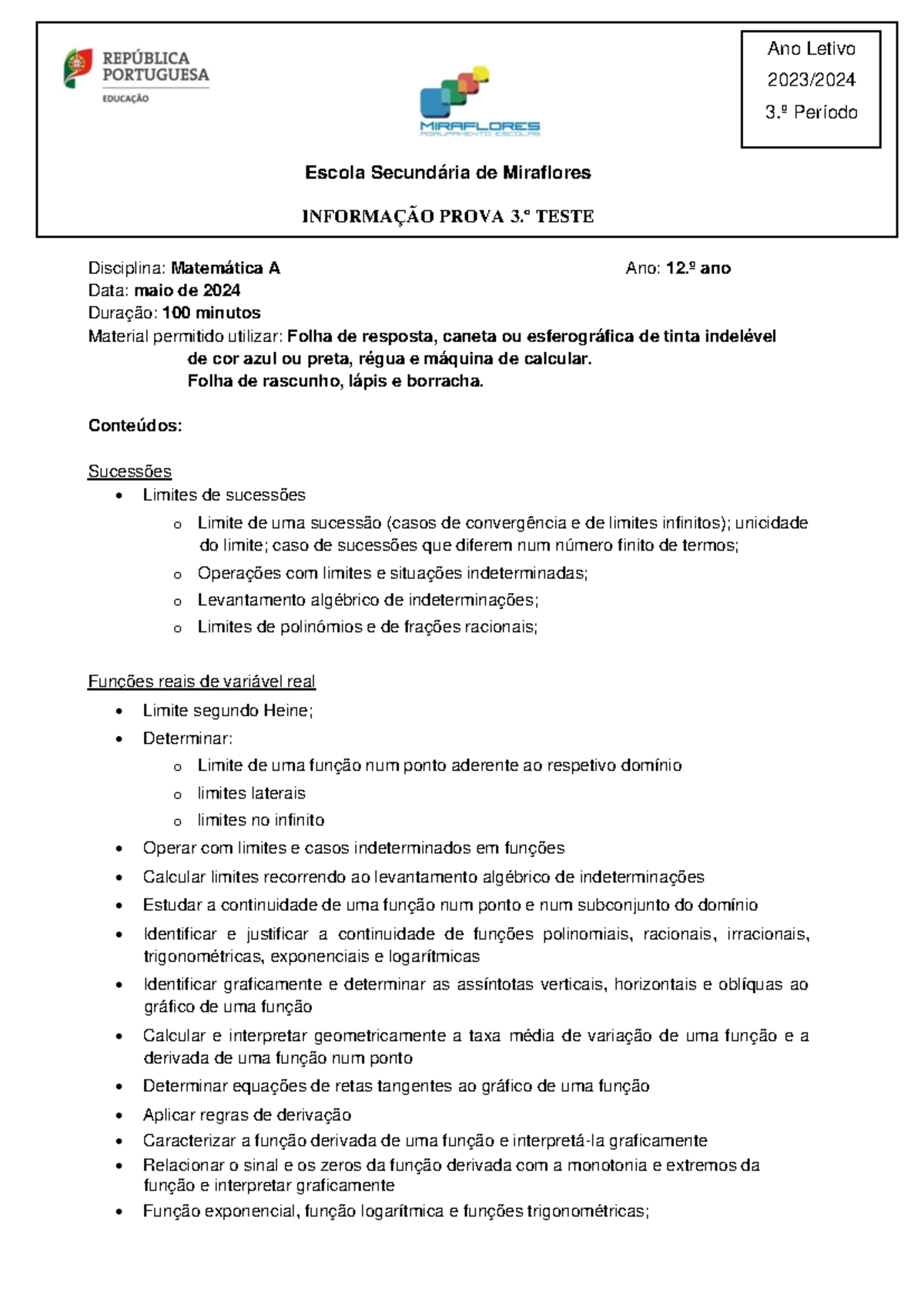 Matriz Teste maio - hsheb - Escola Secundária de Miraflores INFORMAÇÃO ...