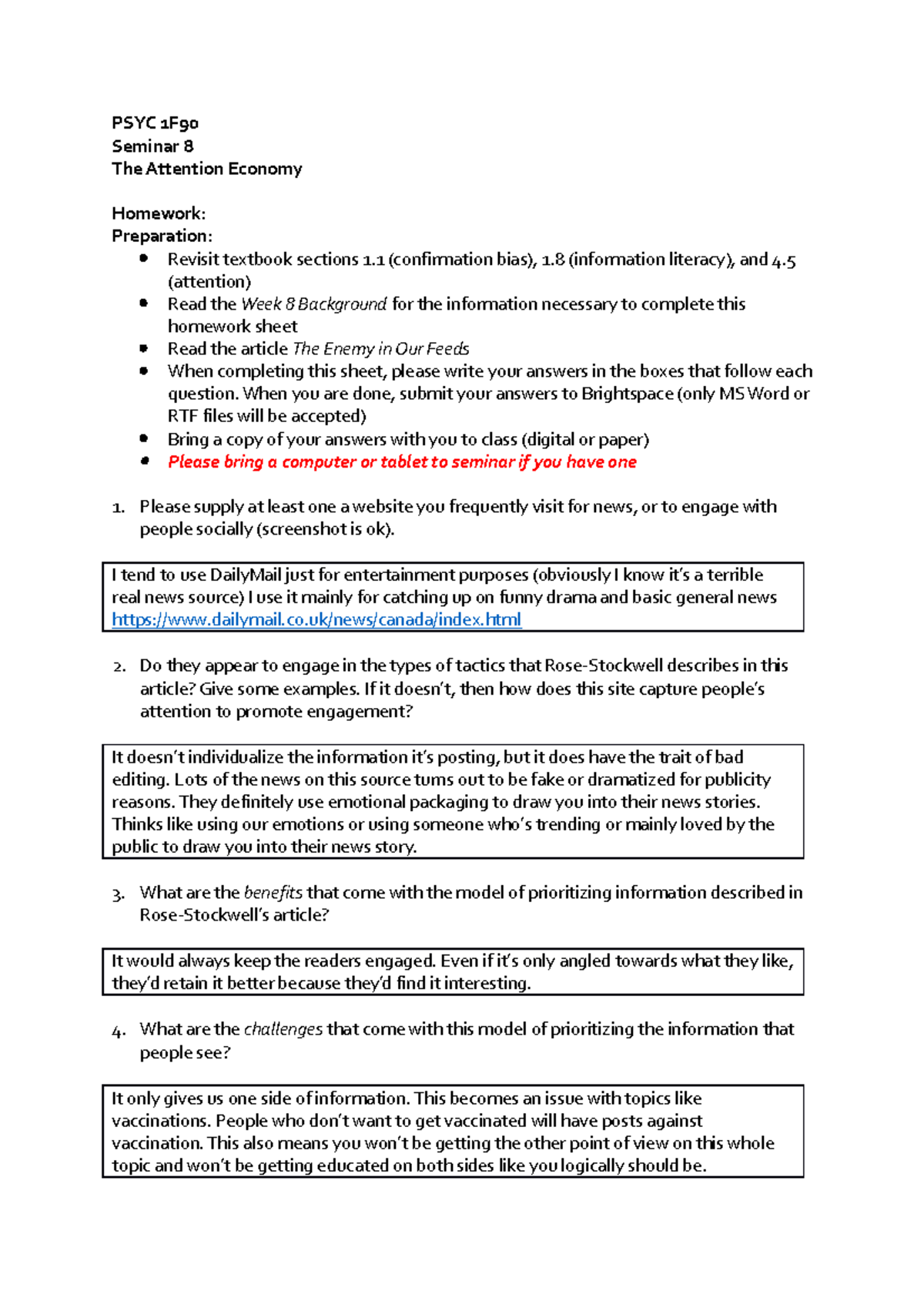 Attention economy homework sheet - PSYC 1F Seminar 8 The Attention ...