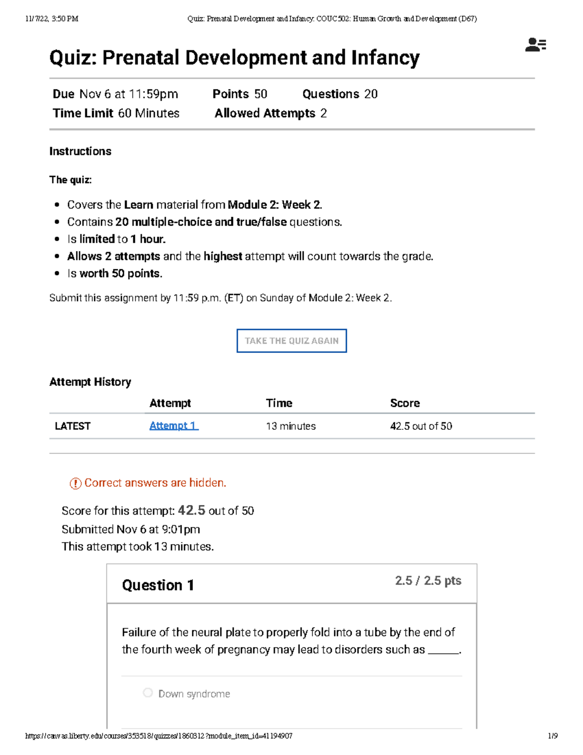 Quiz Prenatal Development and Infancy COUC502 Human Growth and ...
