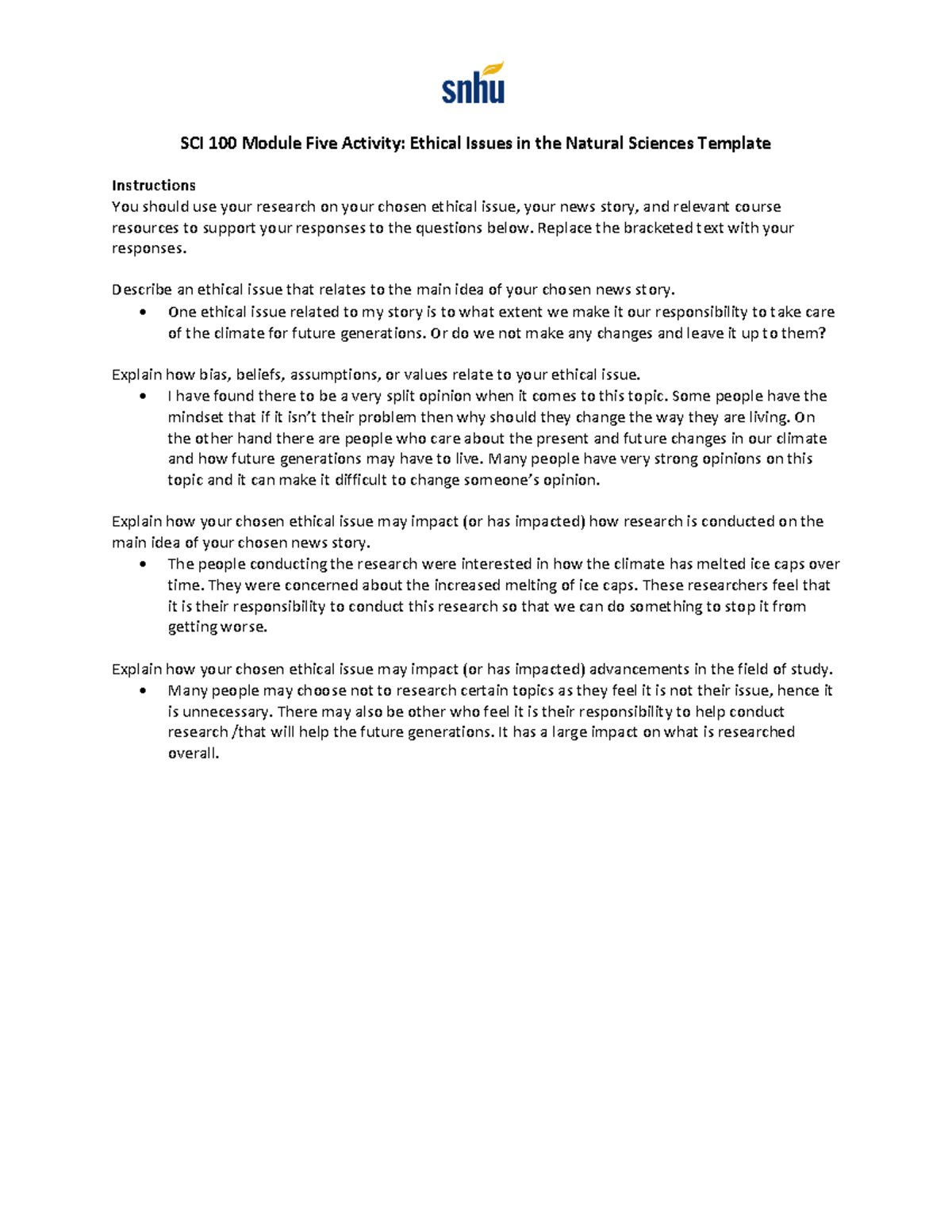 SCI 100 Module Five Activity Template final - SCI 100 Module Five Activity: Ethical Issues in ...