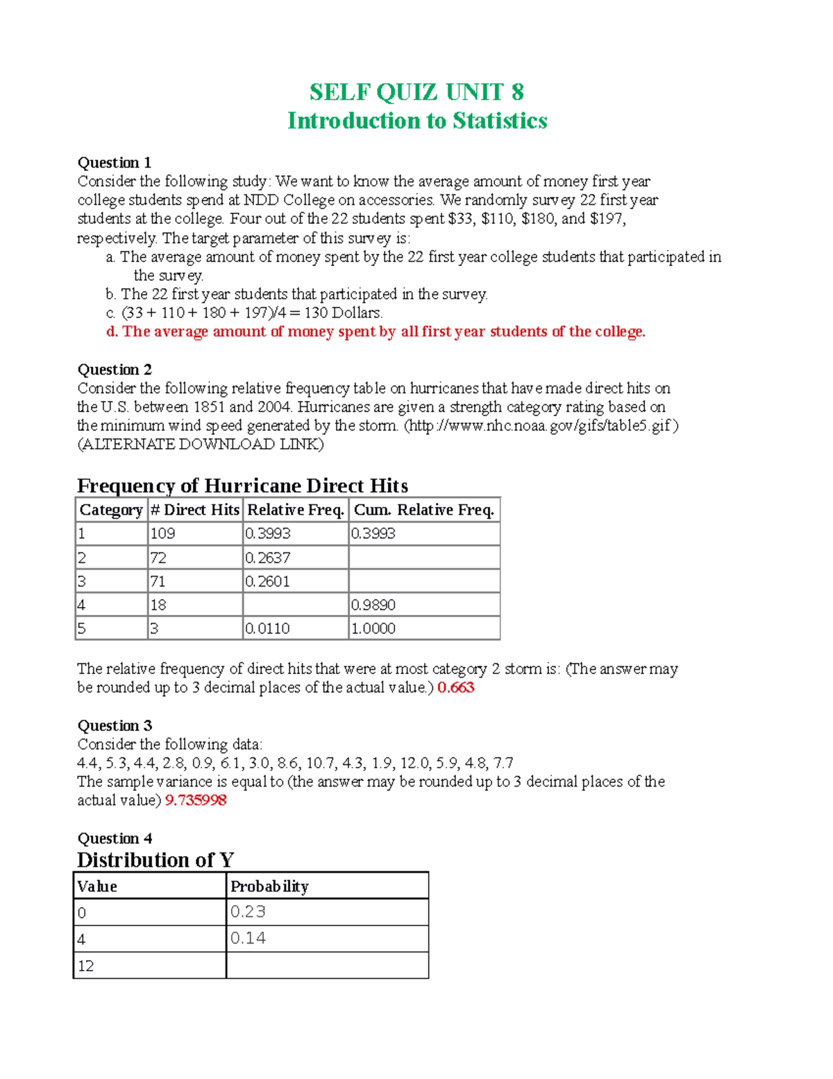Self Quiz Unit 8 Selection Of My Best Coursework Self Quiz Unit 8 Introduction To Statistics