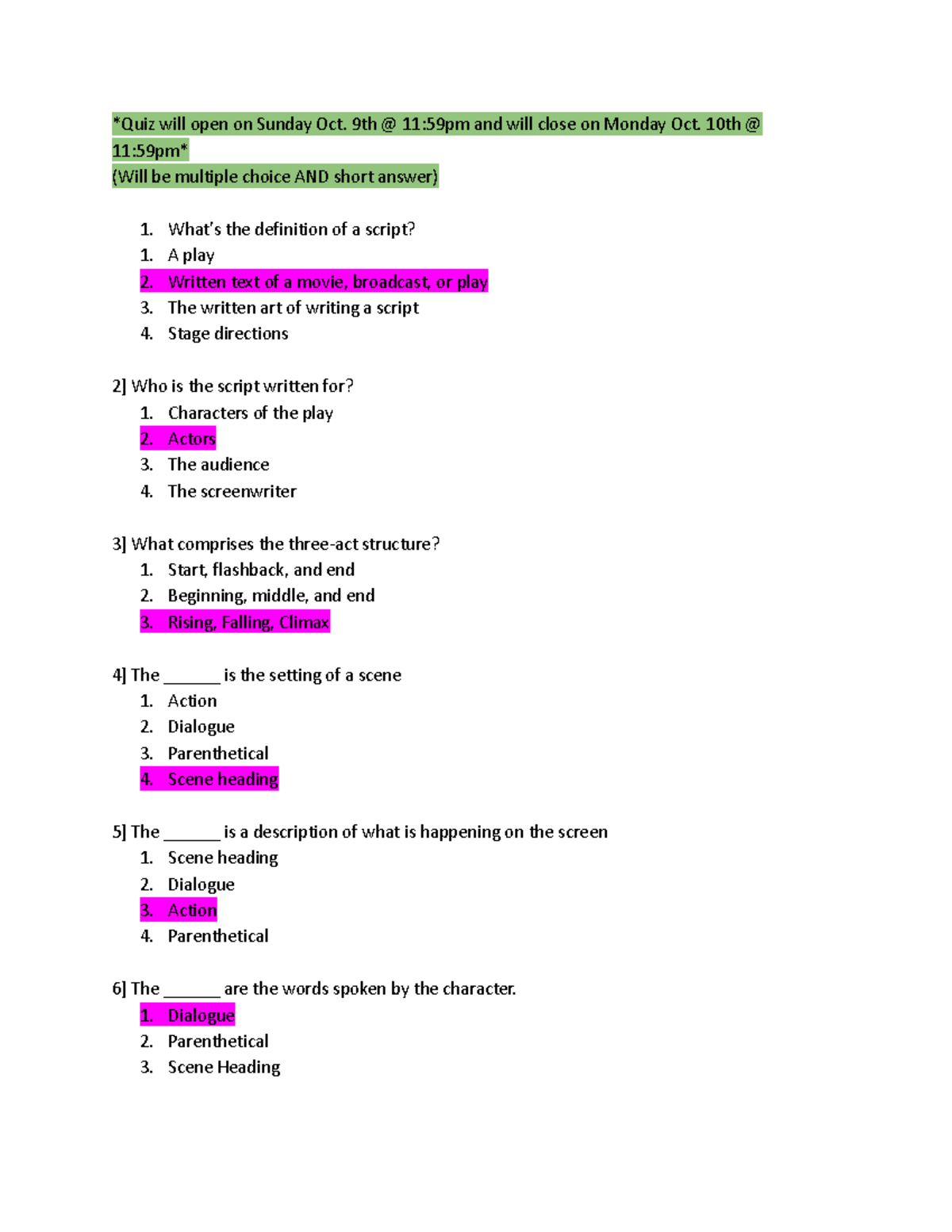 Screenwriting Quiz Study Guide - Quiz will open on Sunday Oct. 9th @ 11 ...