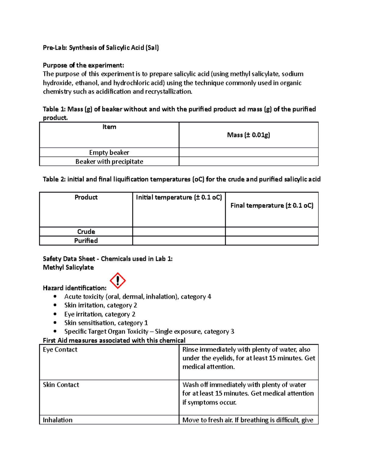 Sal - prelab - lab report - Pre-Lab: Synthesis of Salicylic Acid (Sal ...