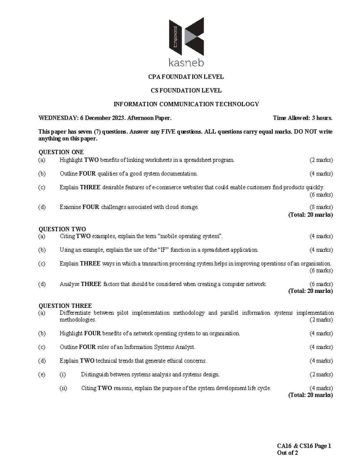 CA16 Information Communication Technology - CA16 & CS16 Page 1 Out of 2 ...
