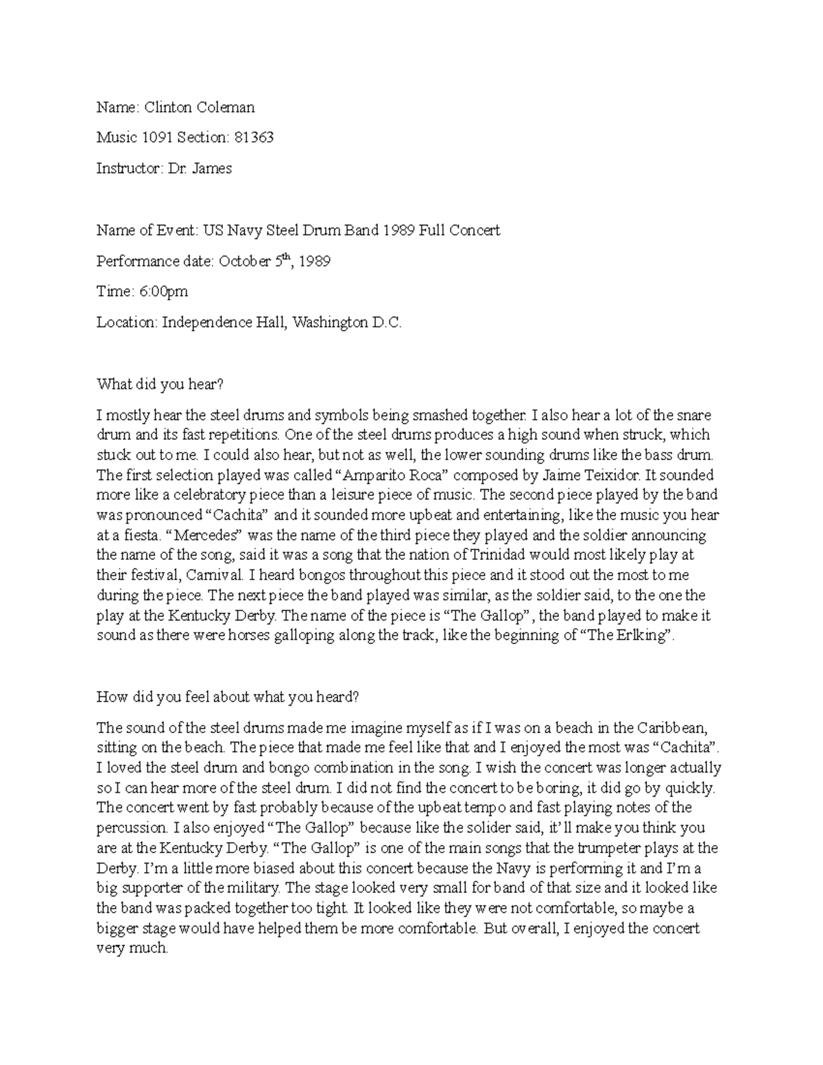 Music Report 2 - Name: Clinton Coleman Music 1091 Section: 81363 ...