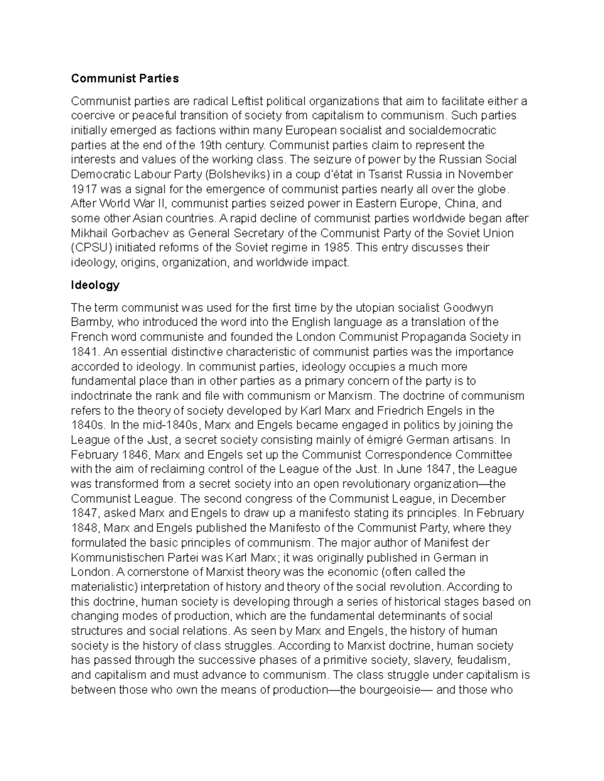 Communist Parties - Communist Parties Communist parties are radical ...