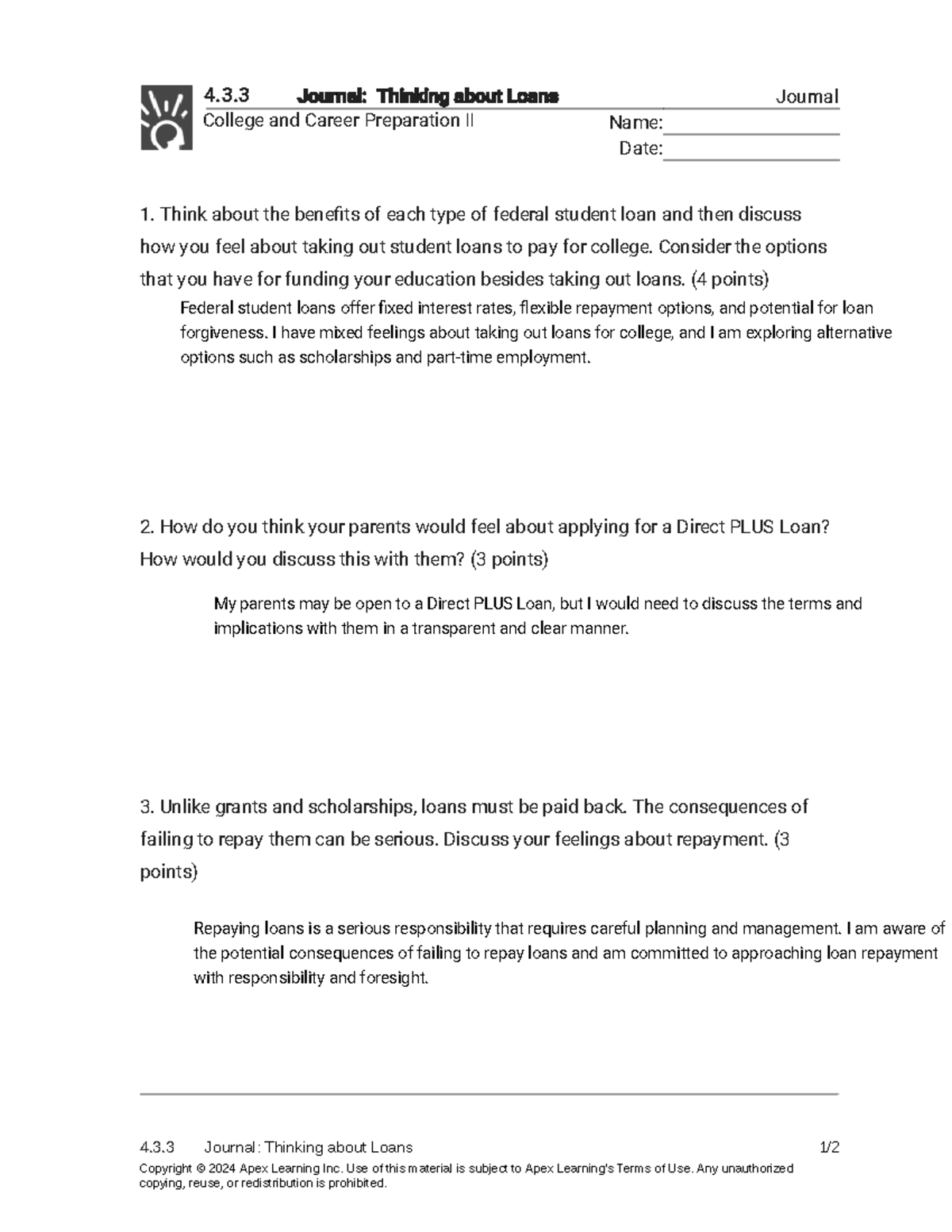 Kami Export - 4.3.3 Journal - Thinking about Loans (Journal) - Journal ...