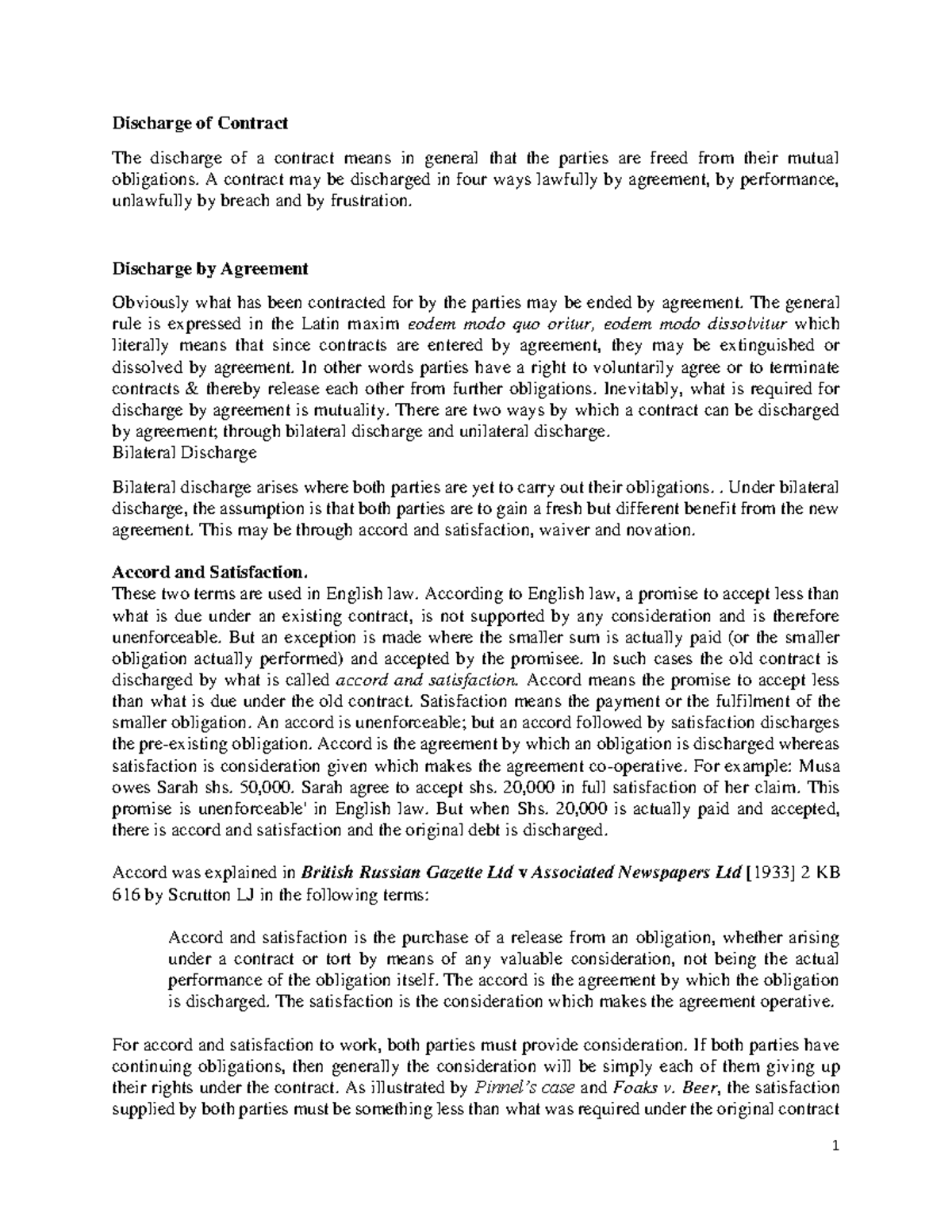 Discharge of Contract 2020 - Discharge of Contract The discharge of a ...