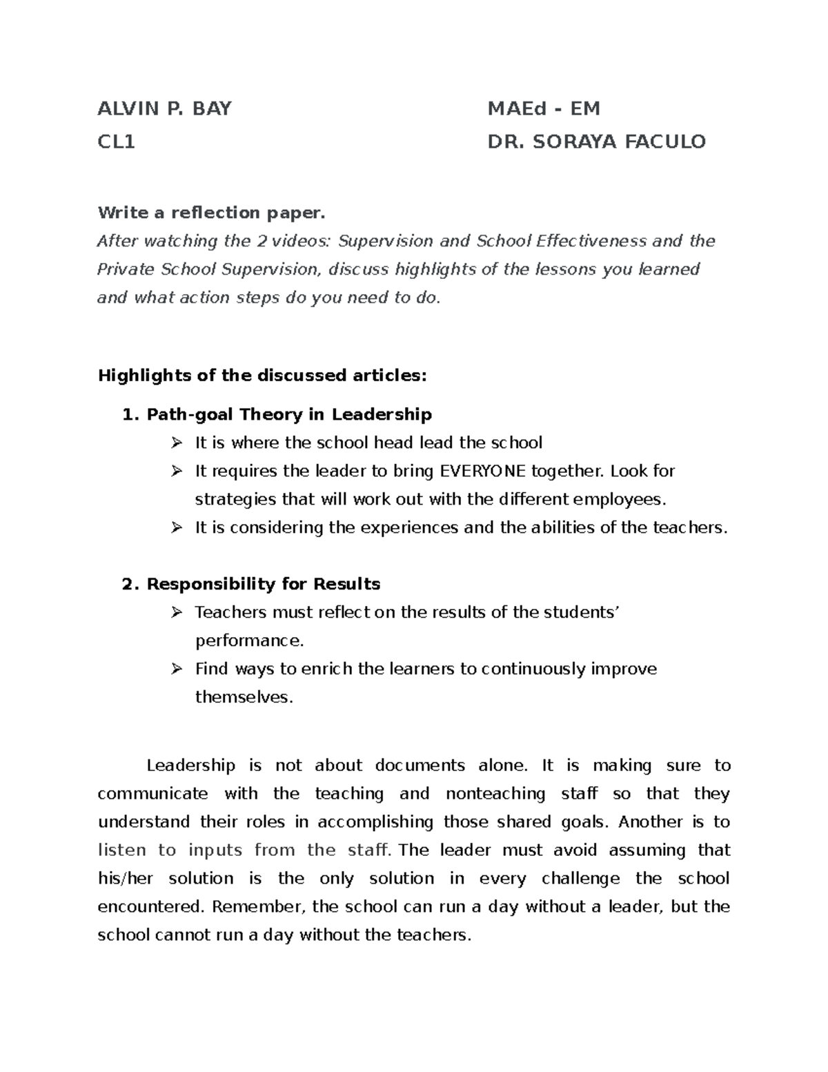 Reflection Paper 2 - ALVIN P. BAY MAEd - EM CL1 DR. SORAYA FACULO Write ...