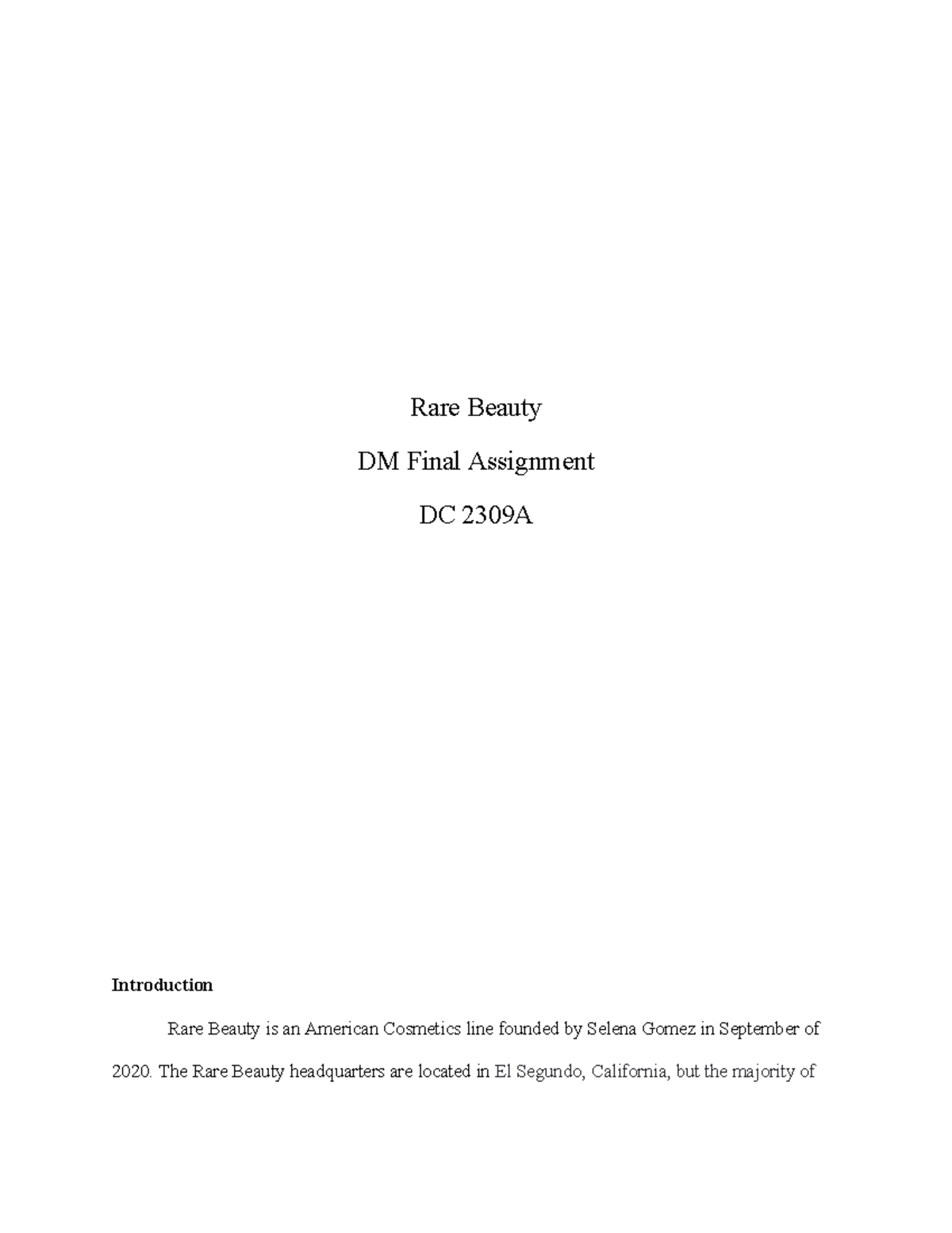 DM final assignment - Rare Beauty DM Final Assignment DC 2309A ...