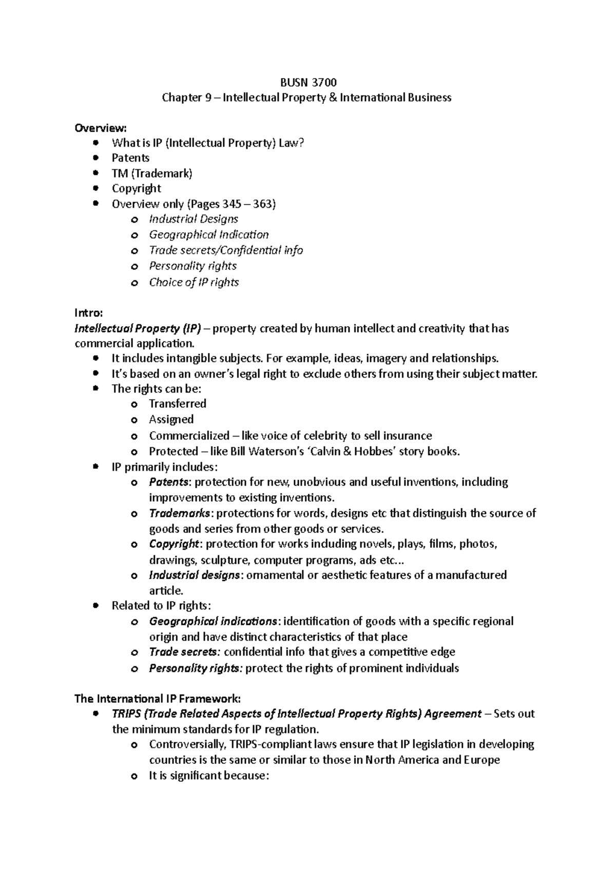BUSN 3700 - Chapter 9 Notes - BUSN 3700 Chapter 9 – Intellectual ...