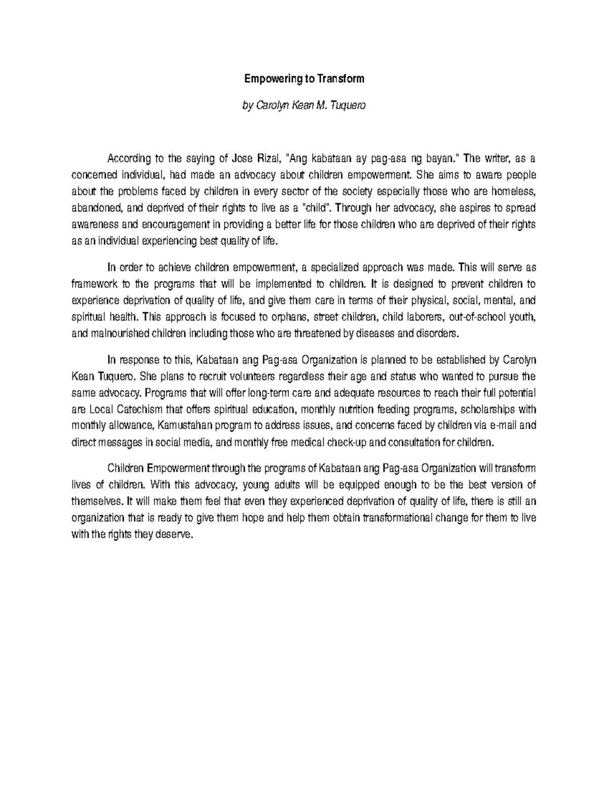 Sample Advocacy Essay - Empowering to Transform by Carolyn Kean M ...