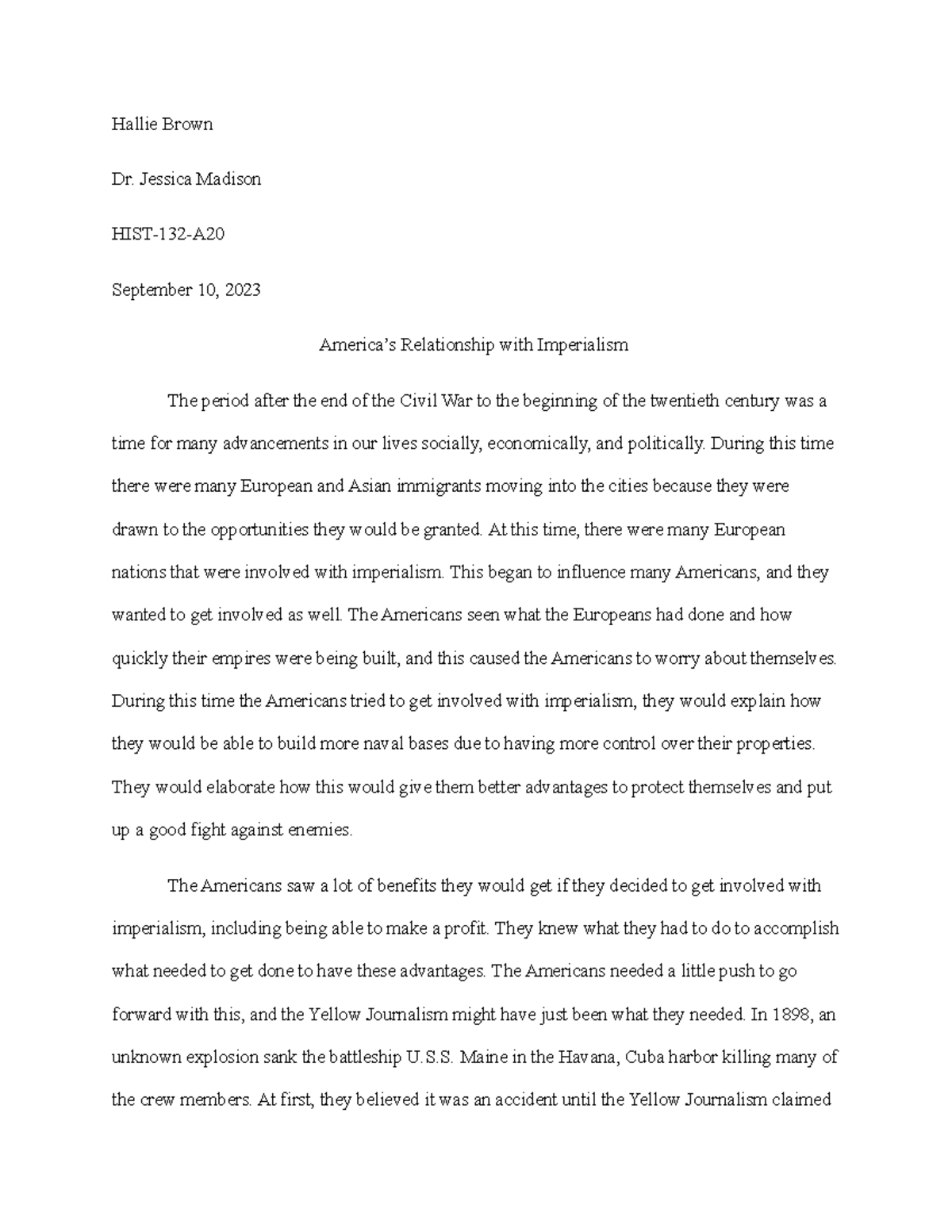 Hallie Brown 1 - vvvvvvvvvv - Hallie Brown Dr. Jessica Madison HIST-132 ...