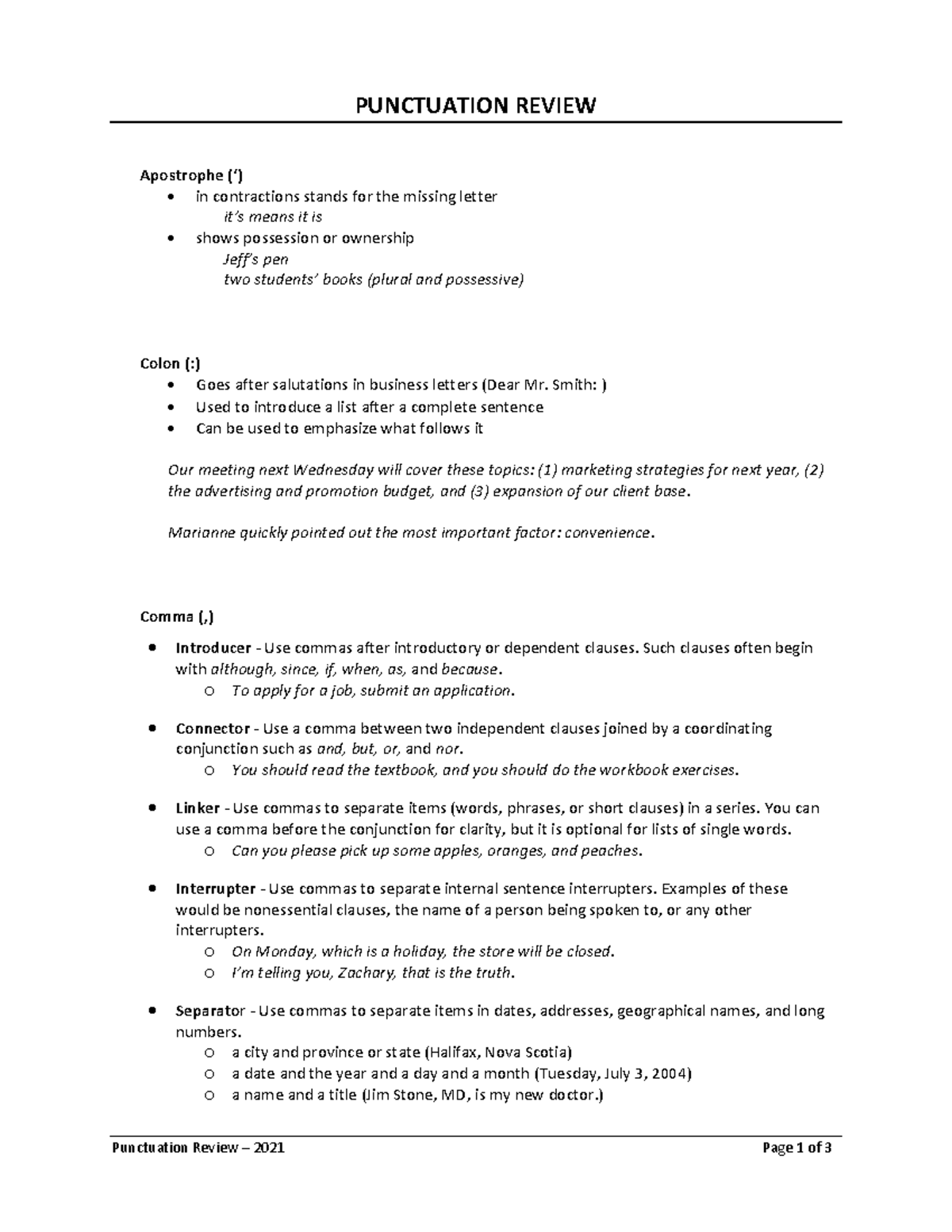 Punctuation Handout 2021 - Punctuation Review – 2021 Page 1 of 3 ...