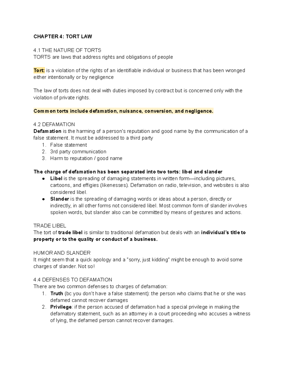Chapter 4-7 Legal Environment of business - CHAPTER 4: TORT LAW 4 THE ...