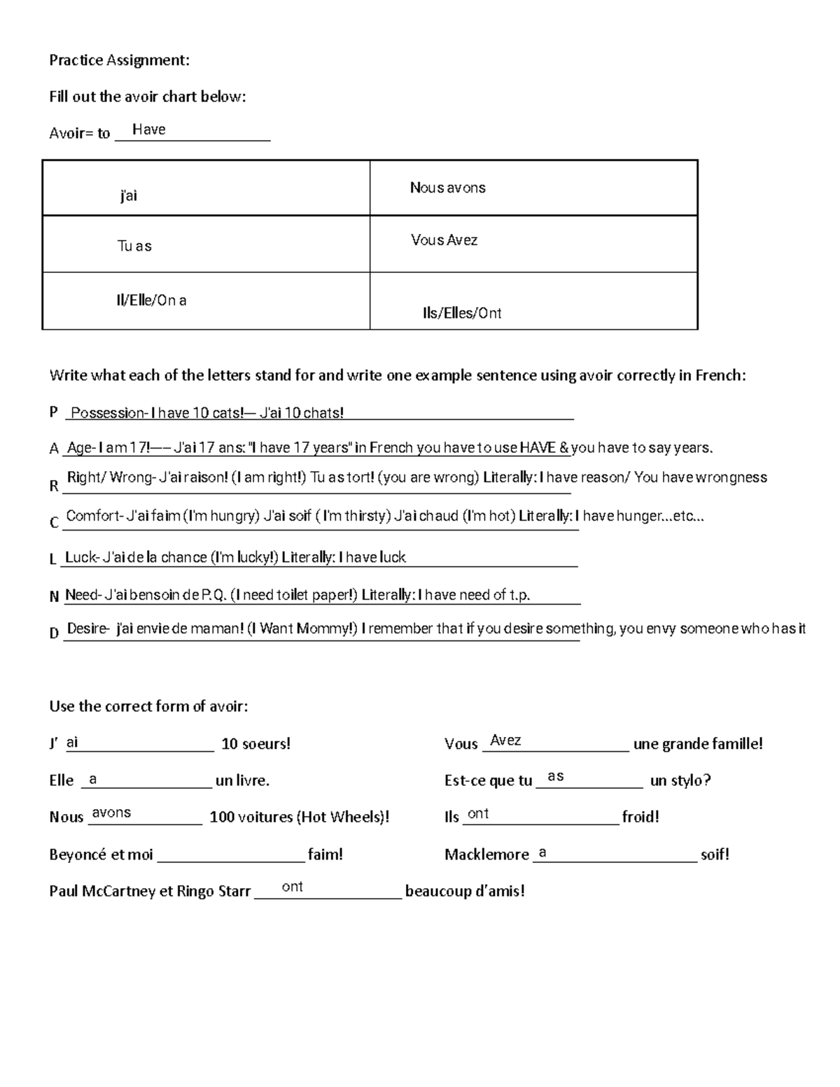 Parclnd plus days of week - Practice Assignment: Fill out the avoir ...