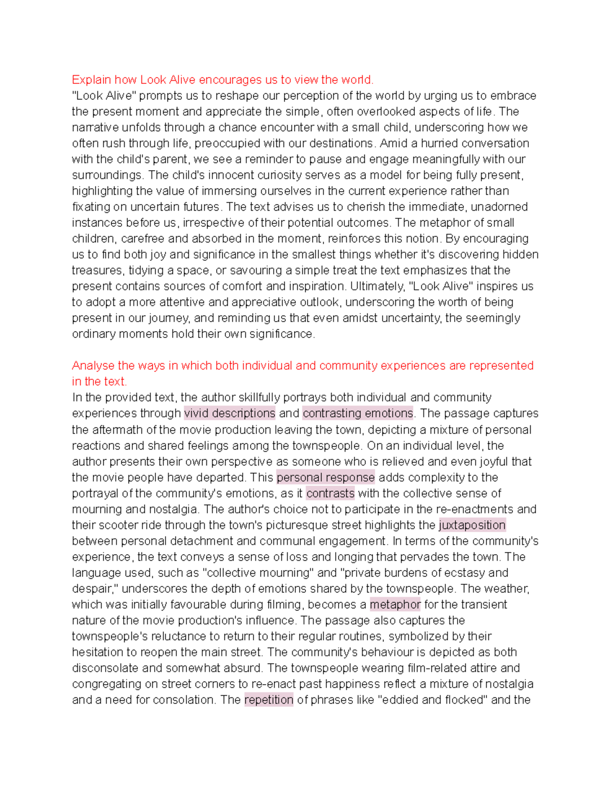 2020 HSC Standard - Explain how Look Alive encourages us to view the ...