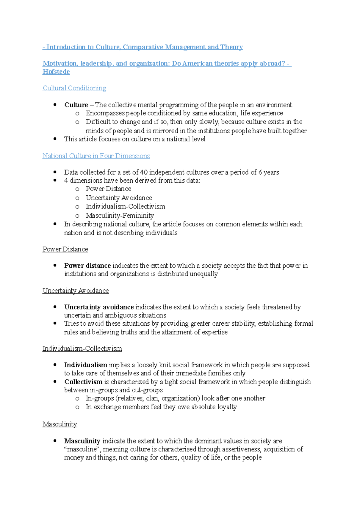 Introduction to Culture, Comparative Management and Theory - Studocu