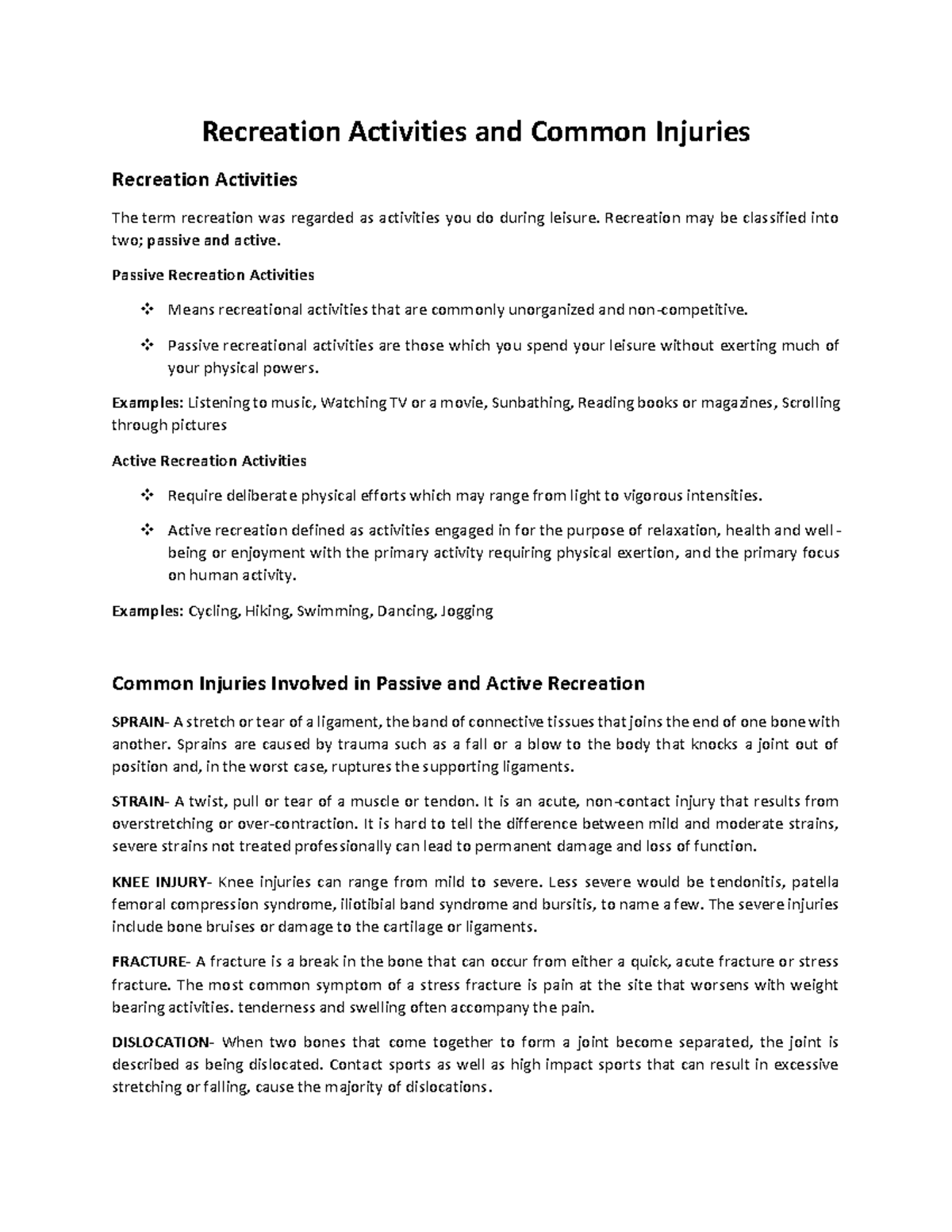 Recreation Activities and Common Injuries - Recreation Activities and ...