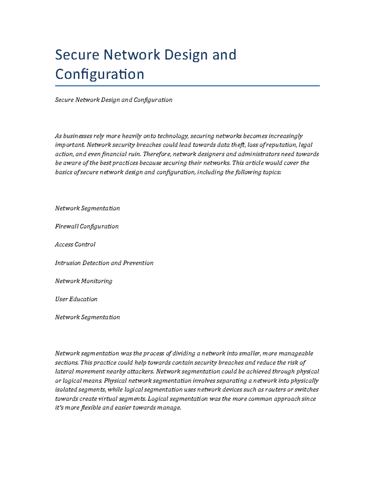Secure Network Design And Configuration Secure Network Design And Configuration Secure Network